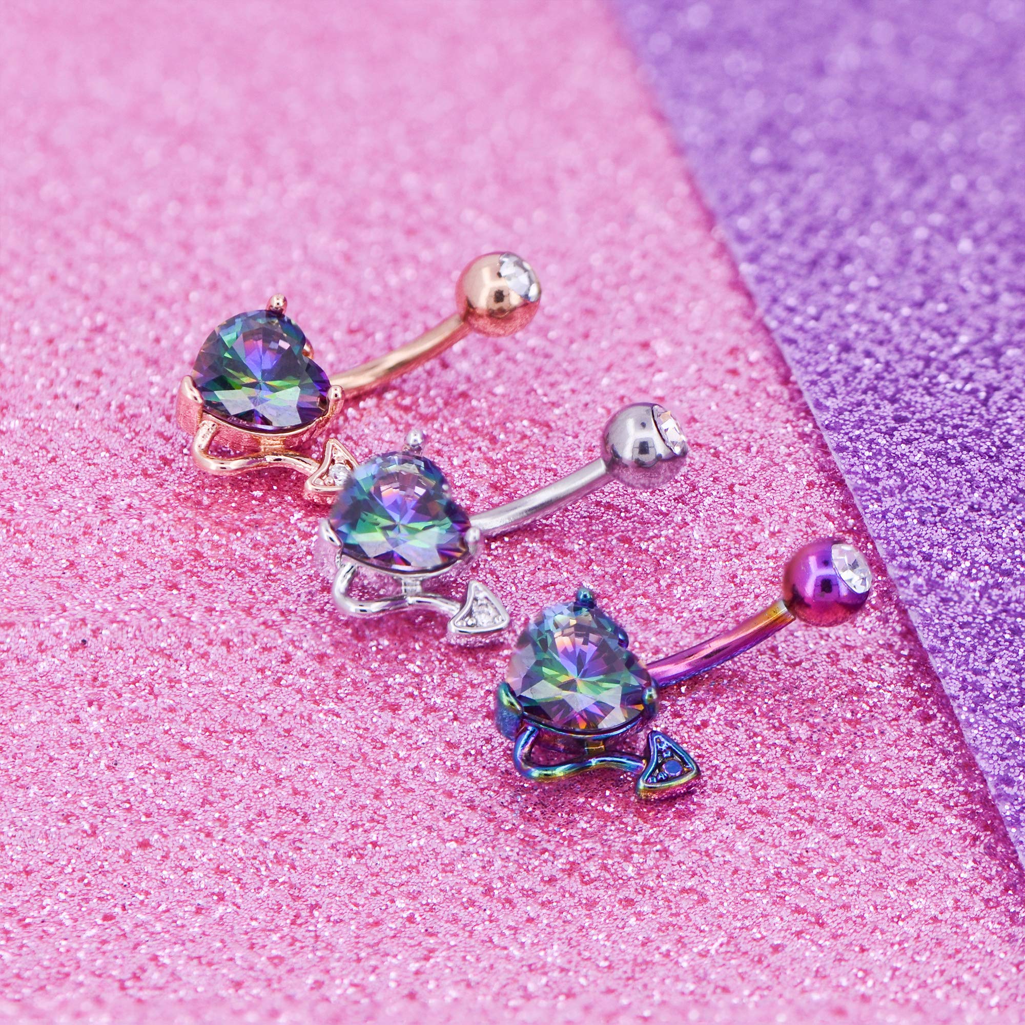 Jewseen Devil Heart Belly Button Rings 14G Surgical Steel Navel Barbells Iridescent CZ Body Piercing