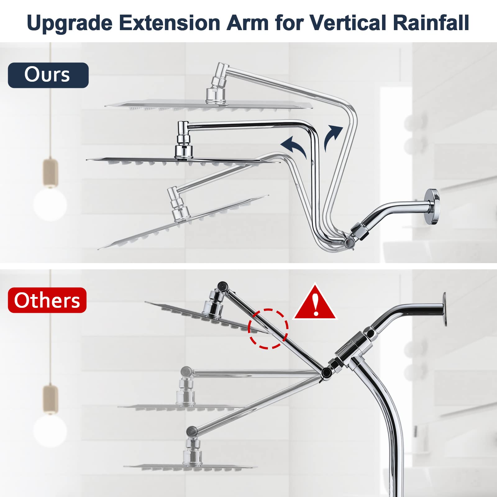 PDPBath Shower Extension Arm, 12" Upgrade Solid Brass Shower Head Shower Head Extender, Adjustable Height Extended with G1/2 Universal Connection for Large Vertical Rainfall Shower Head - Chrome