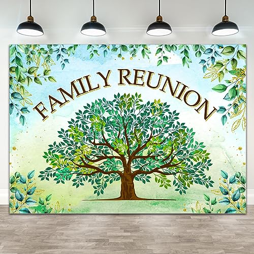 Wollmix Family Reunion Decorations Backdrop Banner Family Tree Leaves Members Welcome Signs Photography Background Gathering Gold and Green Supplies Photo Booth Banner Props 7x5ft