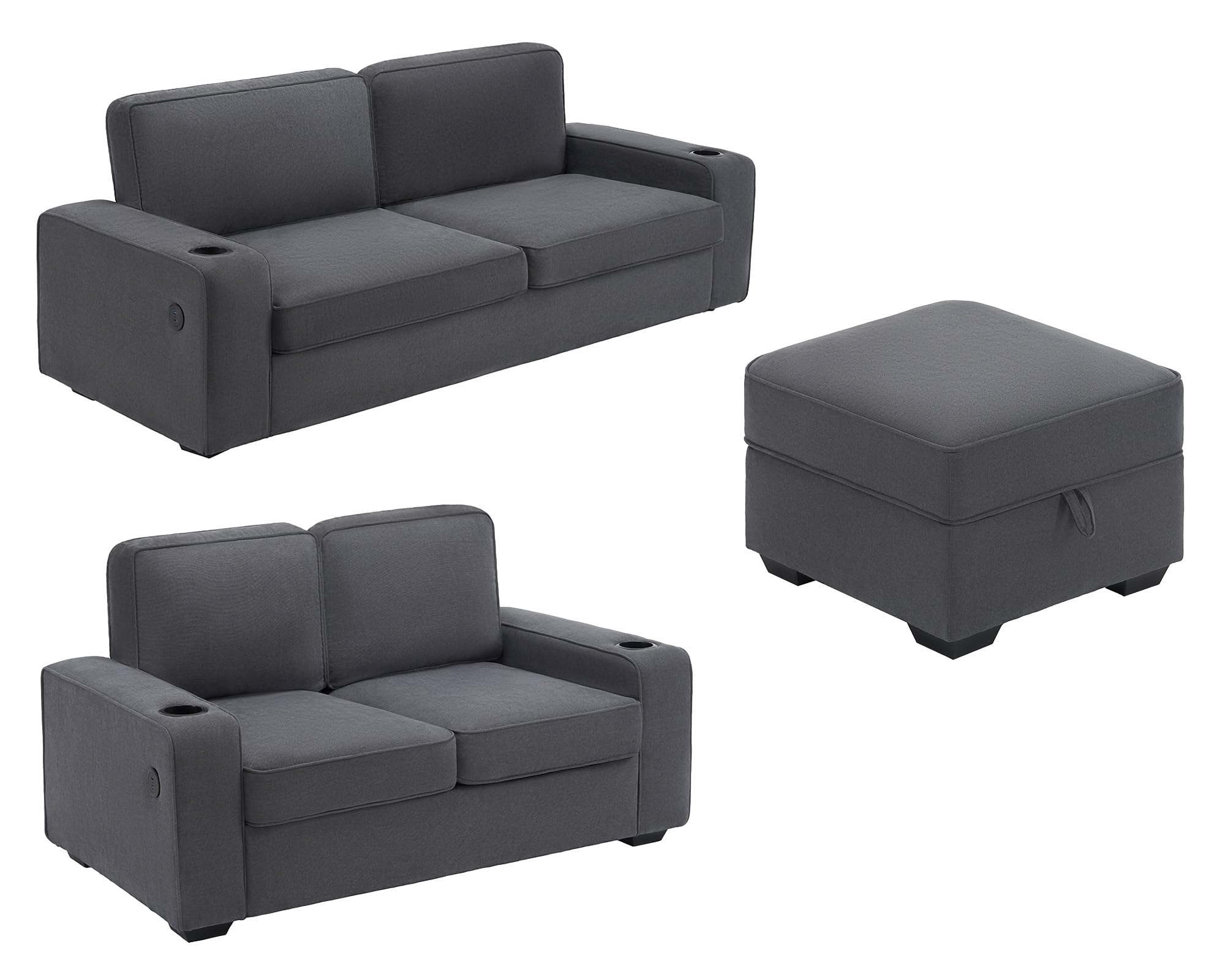 VanAcc Sofa, 2 Piece Set with Storage Ottoman, Modern Couches with Cup Holders & USB Charging Ports, 3 Seater Sofa and Loveseat- Charcoal Grey Chenille Couches for Living Room