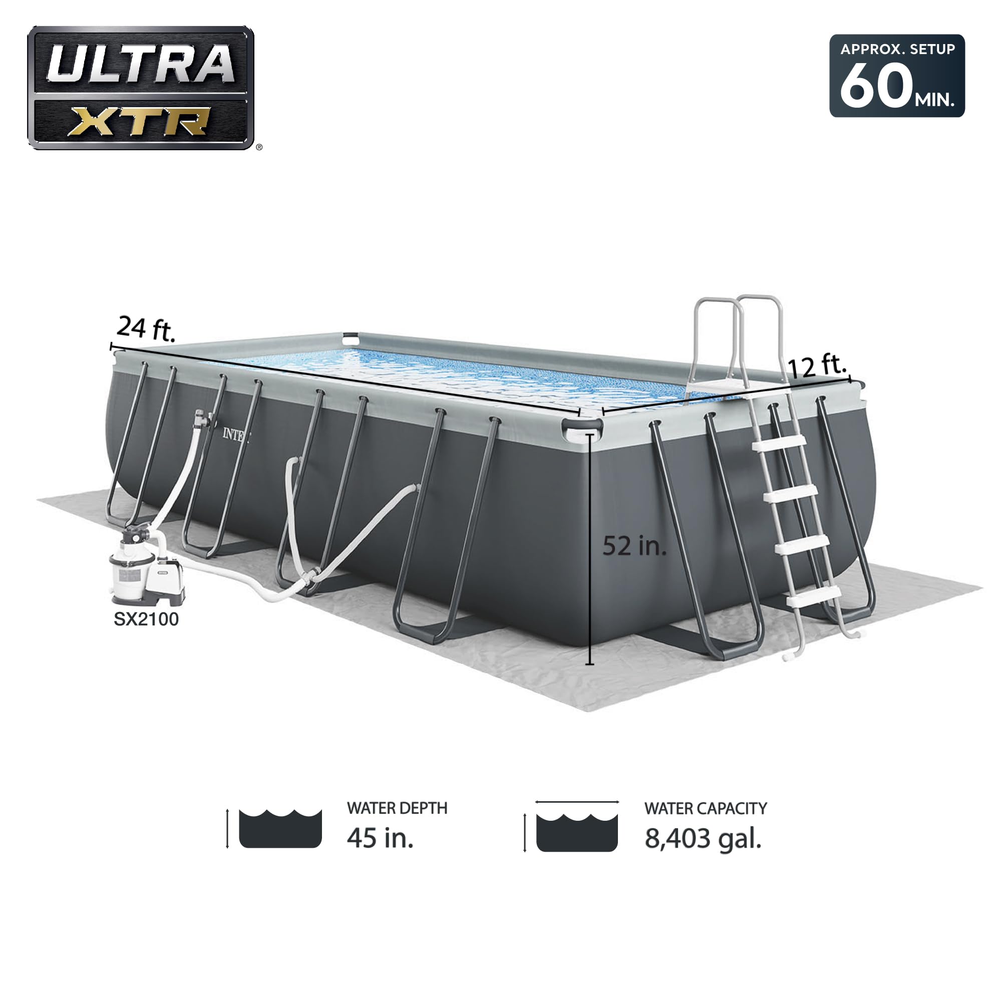 Intex 26363EH Ultra XTR Deluxe Rectangular Above Ground Swimming Pool Set: 24ft x 12ft x 52in β Includes 2100 GPH Sand Filter Pump β SuperTough Puncture Resistant β Rust Resistant β Easy to Assemble