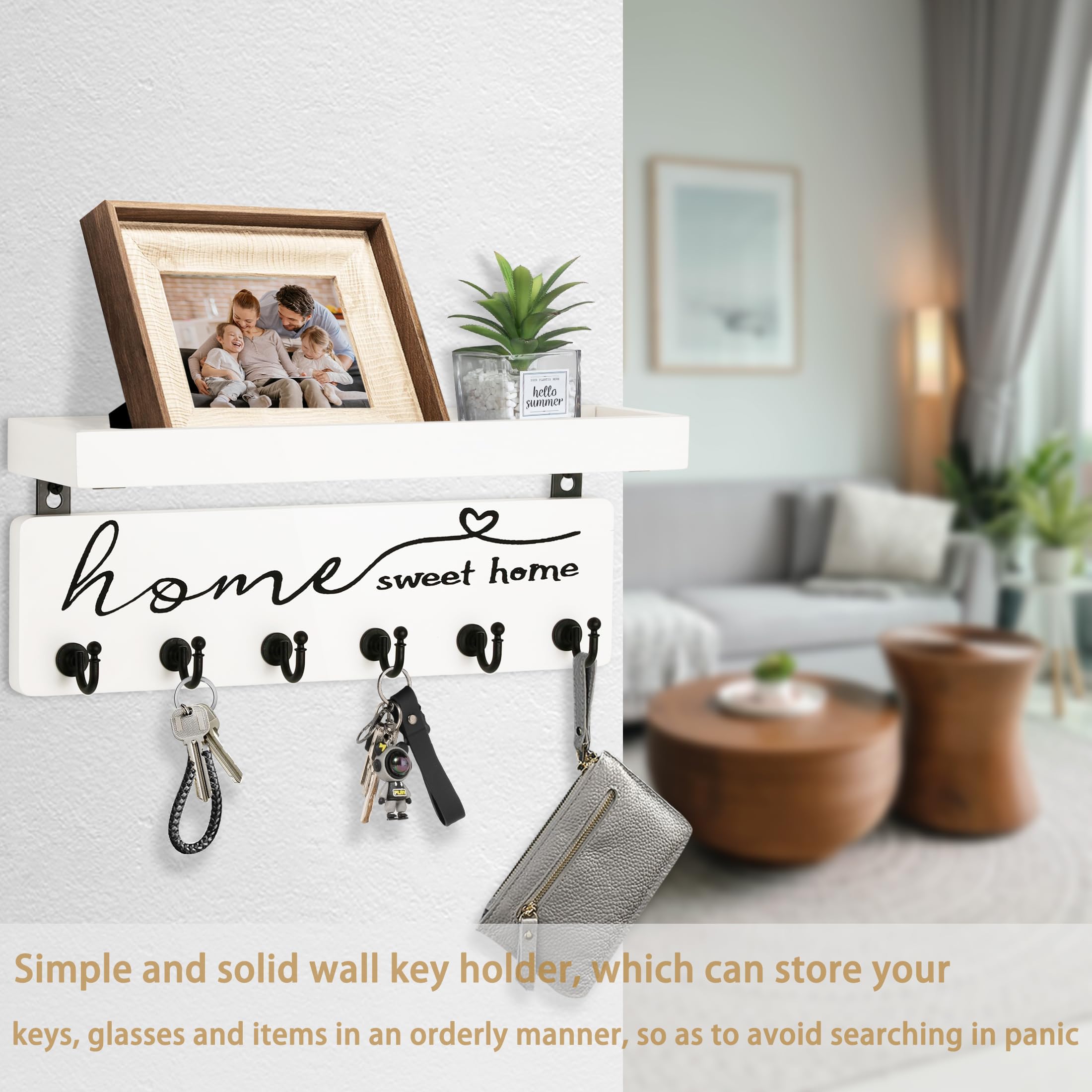 Ikviier Key Holder for Wall Decorative Made of Pine, Key Rack for Wall with Shelf, Key Hook for Wall with 6 Metal Hooks, Farmhouse Mail and Key Holder for Wall (C-White 02)