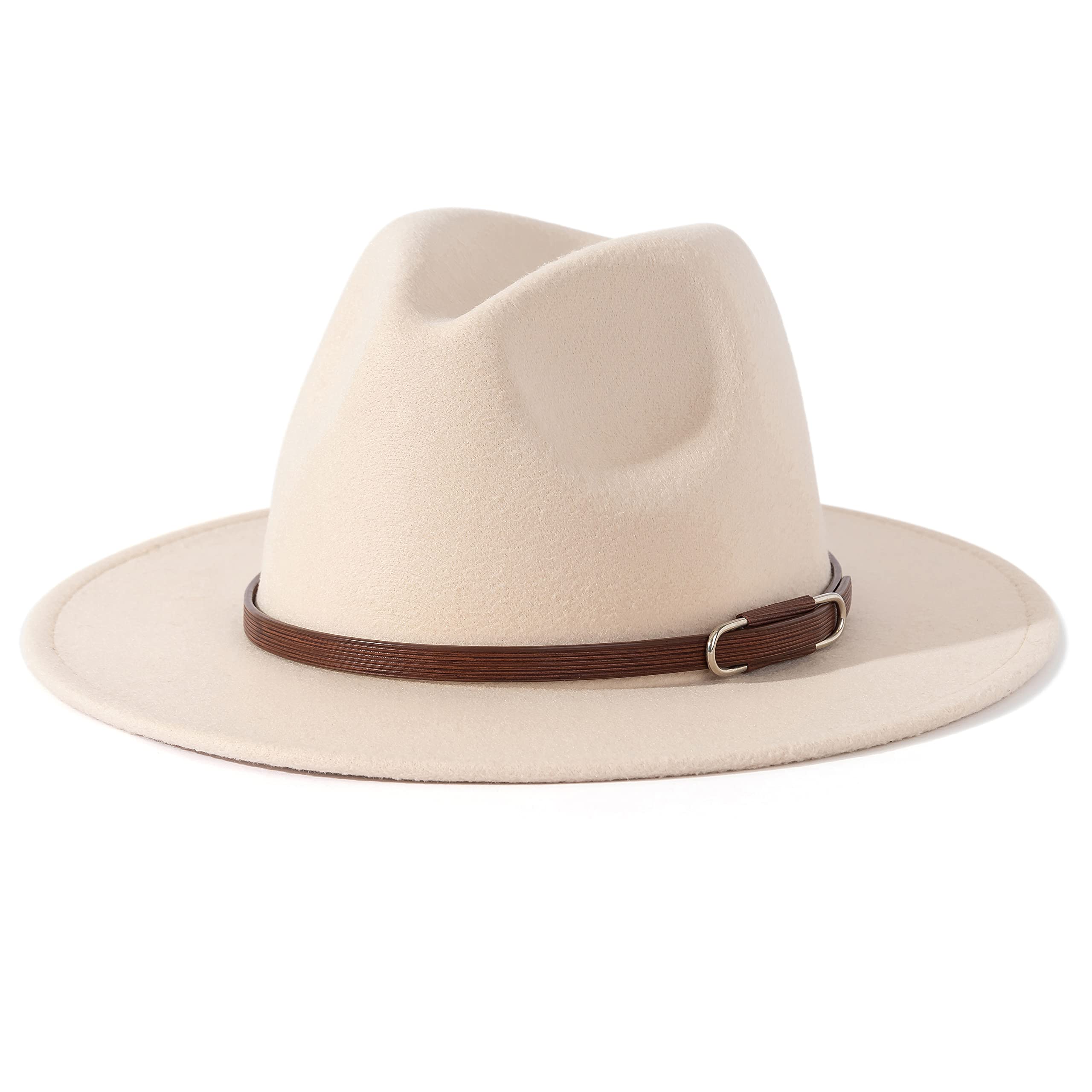 Lisianthus Women's Wide Brim Felt Fedora Retro Panama Hat with Belt Buckle (U-Shaped Buckle Creamy, M)
