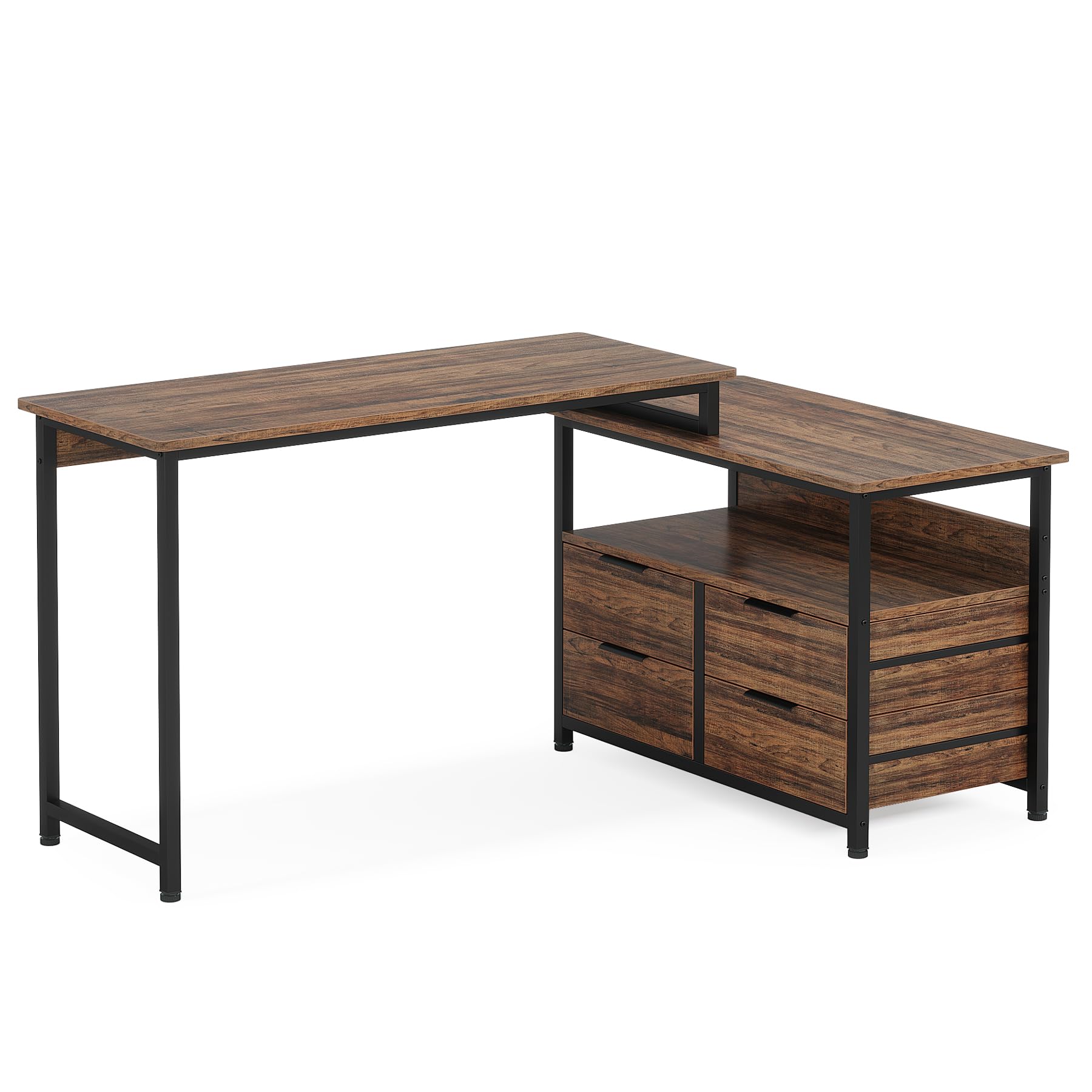 Tribesigns Reversible L-Shaped Desk with Drawers, Corner Home Office Desk with Storage Shelves, Industrial Writing Workstation Table for Home Office, Small Space (Rustic Brown)