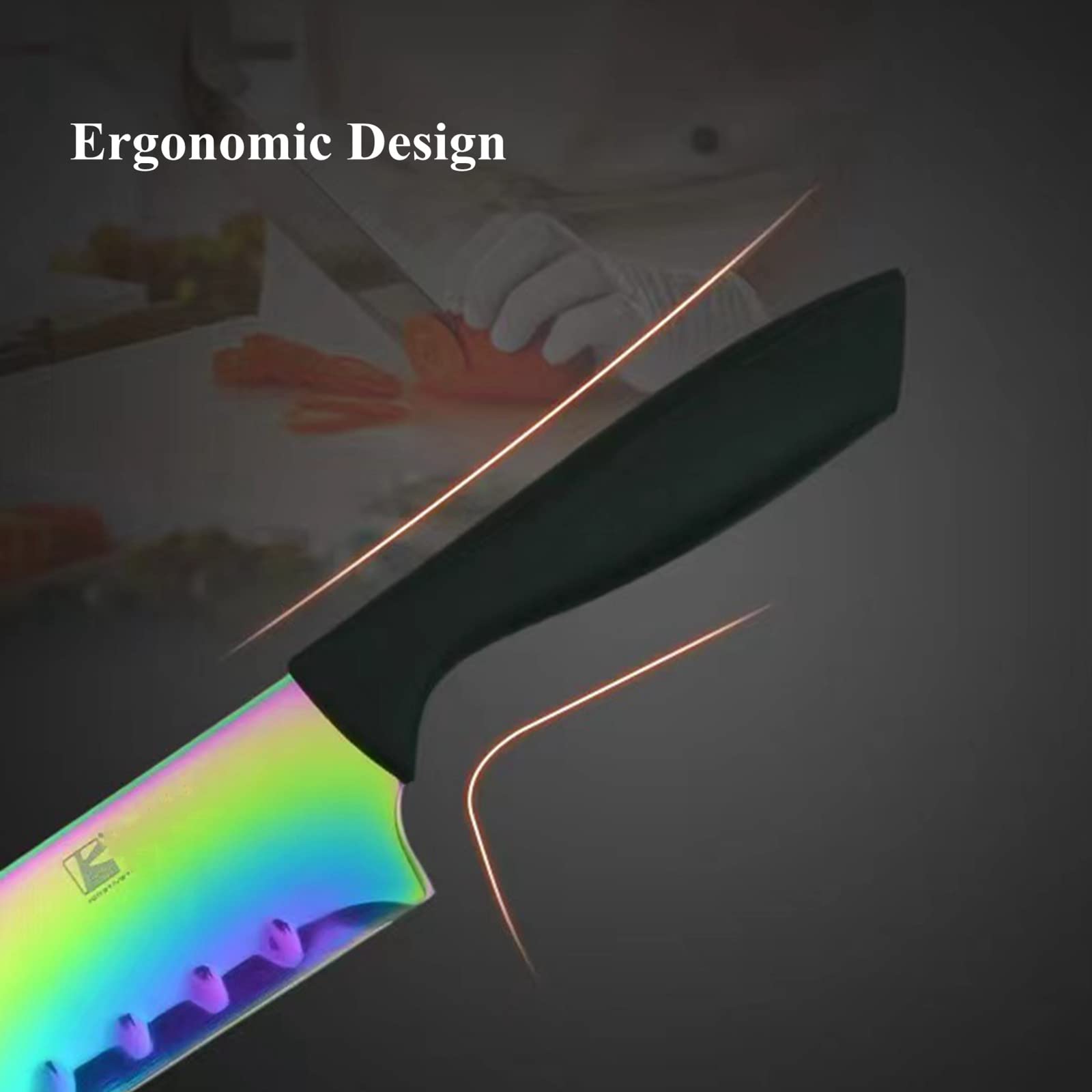 Stainless Steel Knife Set,5Pcs Kitchen Knife Set With Rainbow Titanium Coating Blade,Extremely sharp Non Stick Non Rust Knife Set with Comfortable Handle (Black)