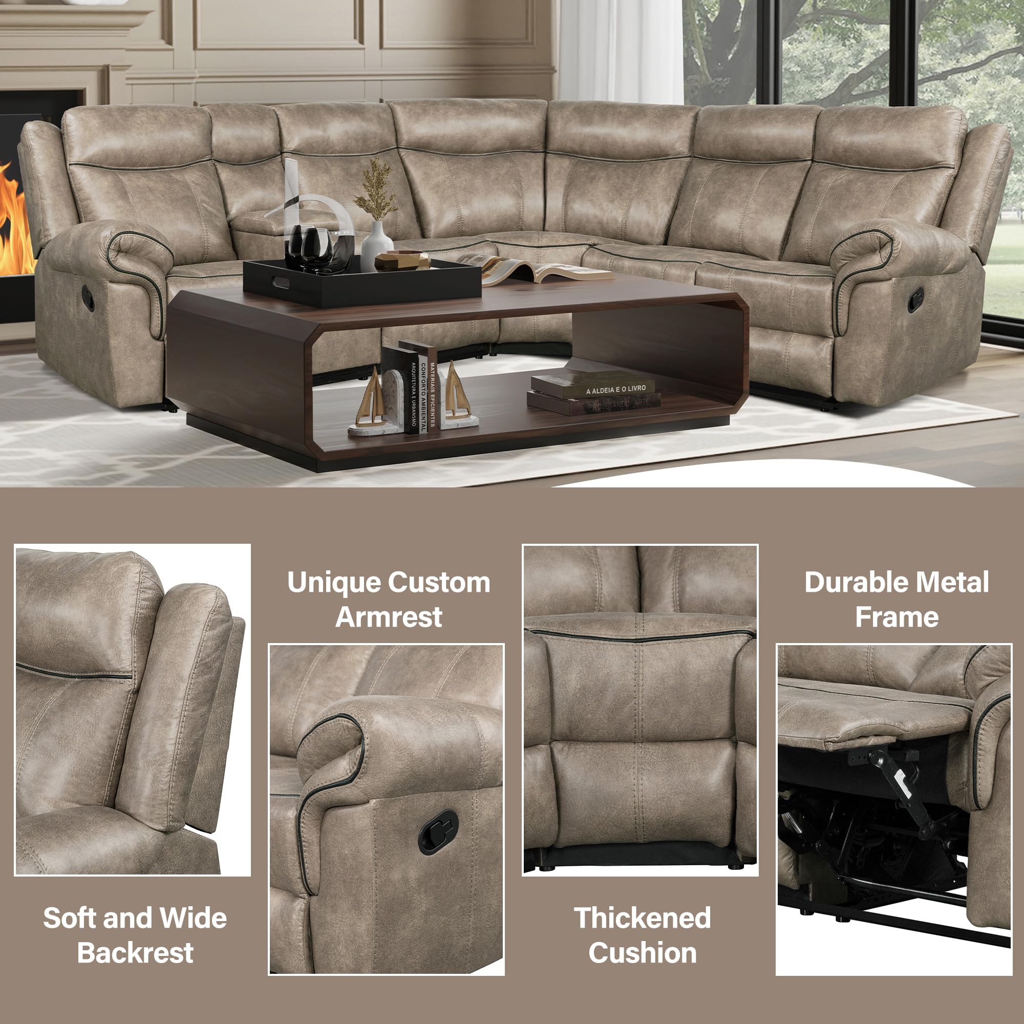Yoglad Manual L-Shaped Reclining Sofa - Palomino Fabric Sectional Couch with 2 Cup Holders, USB Ports, Hidden Storage, 2 Power Sockets, for Living Room Apartment RV Theater (Light Brown)