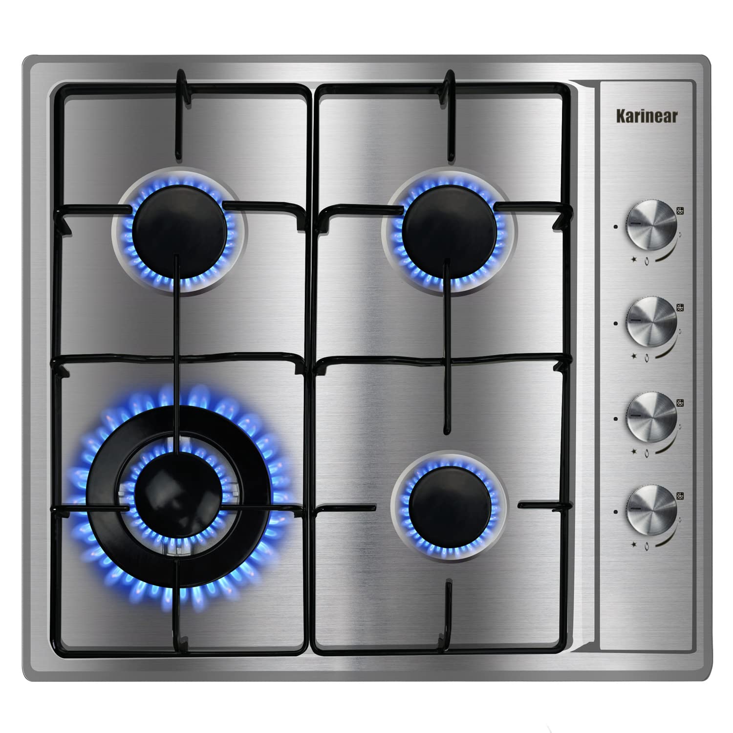 Karinear 24 Inch Gas Cooktop Gas Stove 4 Burners, Built-in Stainless Steel Gas Hob, NG/LPG Dual Fuel Gas Stovetop with Thermocouple Protection for Apartments, Indoor (Come with Pressure Regulator)