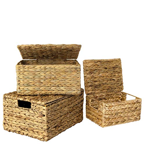 Set of 3 Pack Nesting Storage Baskets with Lids and Insert Handles for Home Organization | Closet Wicker Lidded Baskets for Shelves | Straw Wire Woven Storage Baskets with Lids (Water Hyacinth)
