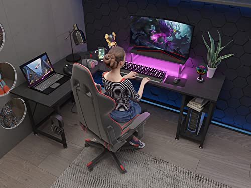 SZXKT L Shaped Computer Desk with Monitor Stand and Power Outlets,Gaming Desk with Storage Shelf and LED Lights,Home Office Reversible Corner with Hooks (Black)