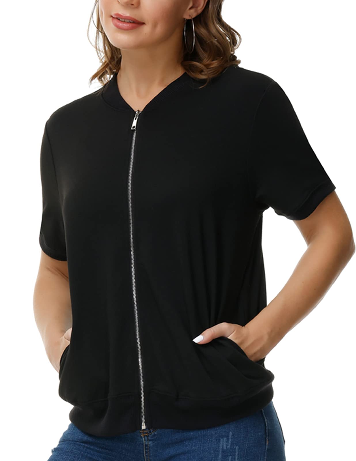 KANCY KOLE Sweatshirt for Women Zip Up Pullover Shirt Lightweight Short Sleeve Jackets with Pockets(XL,Black)