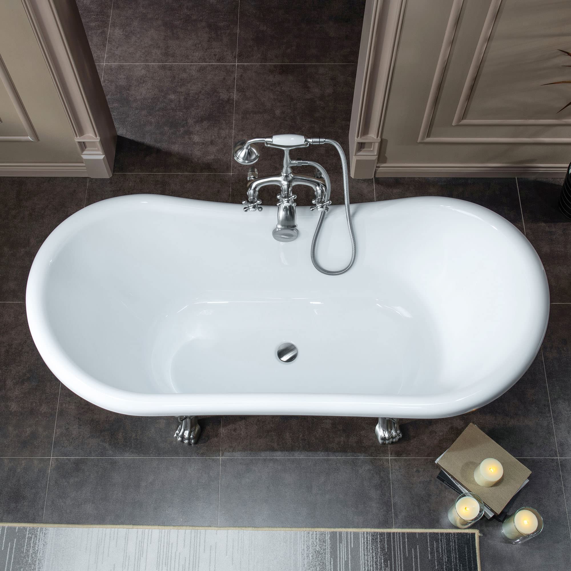 WOODBRIDGE 59" Double Slipper Clawfoot Bathtub with solid brass Polished Gold Finish drain and overflow + PG Faucet