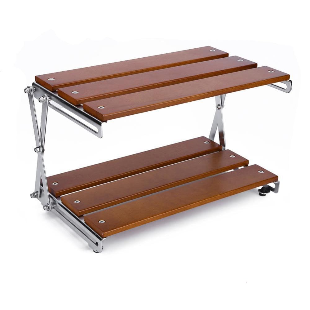 VANZAVANZU Folding Storage Rack 2-Tier Natural Wood Desktop Organizing Rack Multi-Function Indoor Outdoor Household Storage Shelf for Camping & Kitchen (yellowish brown)