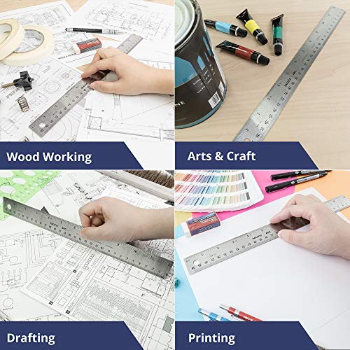 Stainless Steel 12 Inch Metal Ruler Non-Slip Rubber Back, with Inch and Metric Graduations