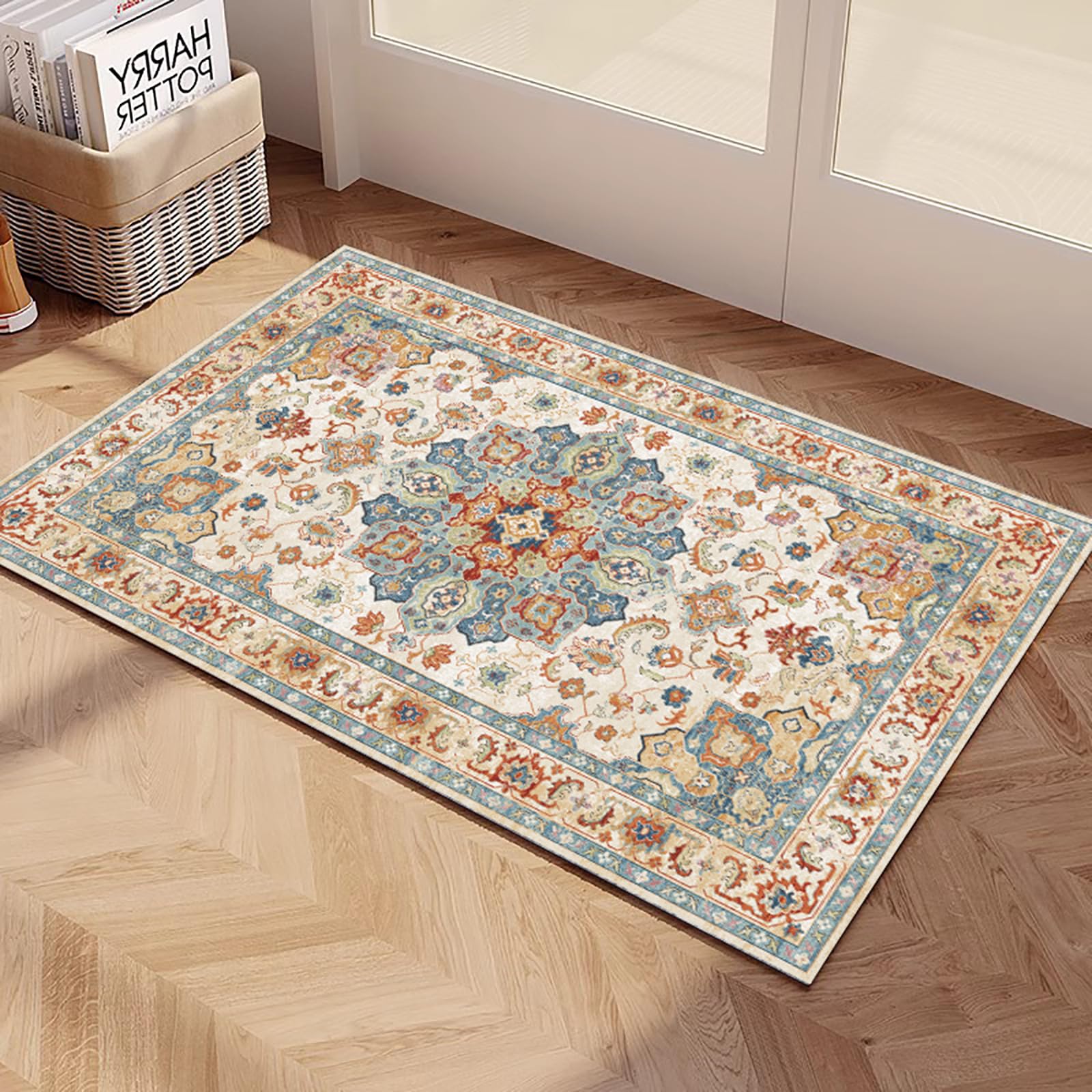 Yancorp 2'x3' Boho Area Rug for Bedroom Non Slip Washable Rug Vintage Carpet Living Room Non-Shedding Indoor Floor Mats Bedroom Kitchen Entryway Rugs-Rectangular Blue Red