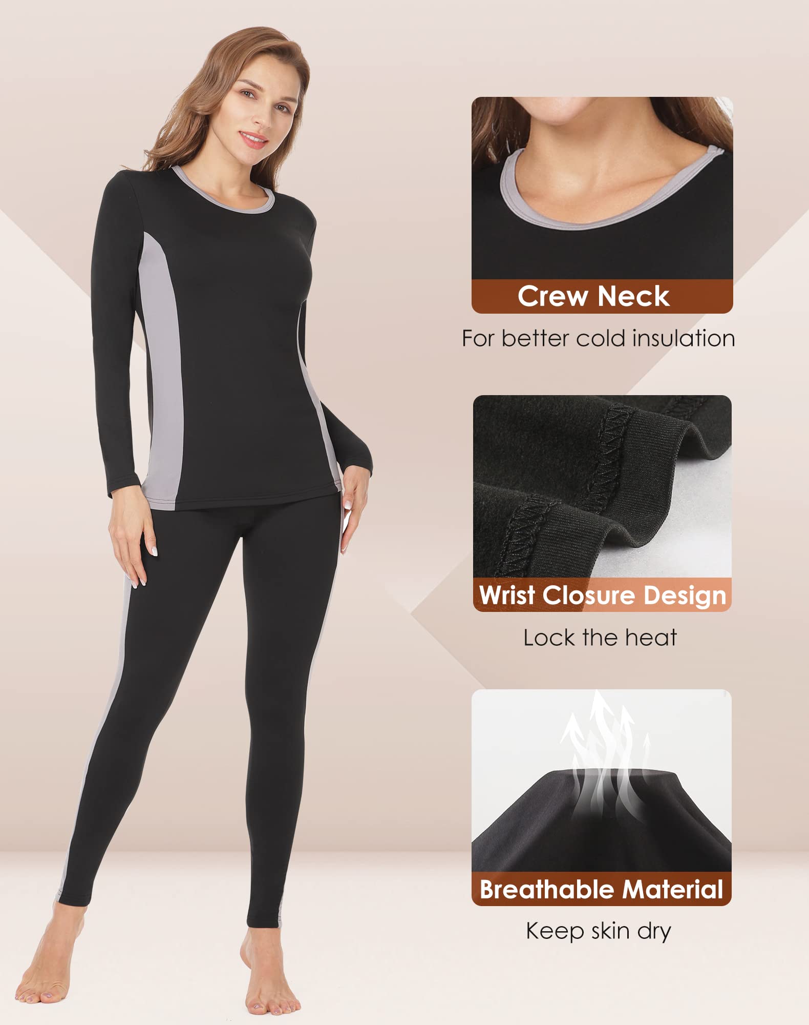 MANCYFIT Thermal Underwear for Women Long Johns Fleece Lined Base Layer Women Cold Weather Black and Grey Large