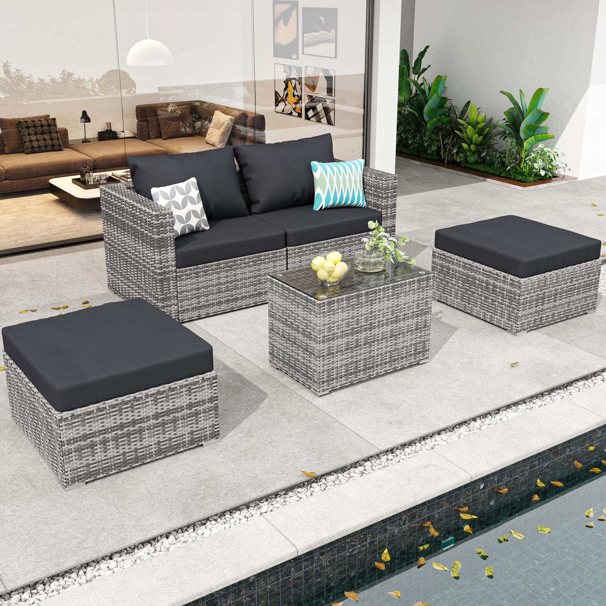 Vimstora 5 Pieces Outdoor Patio Sectional Furniture Set with Ottomans, Wicker Patio Furniture Conversation Sets Sofa for Backyard Garden Balcony Poolside,Waterproof, rain Cover