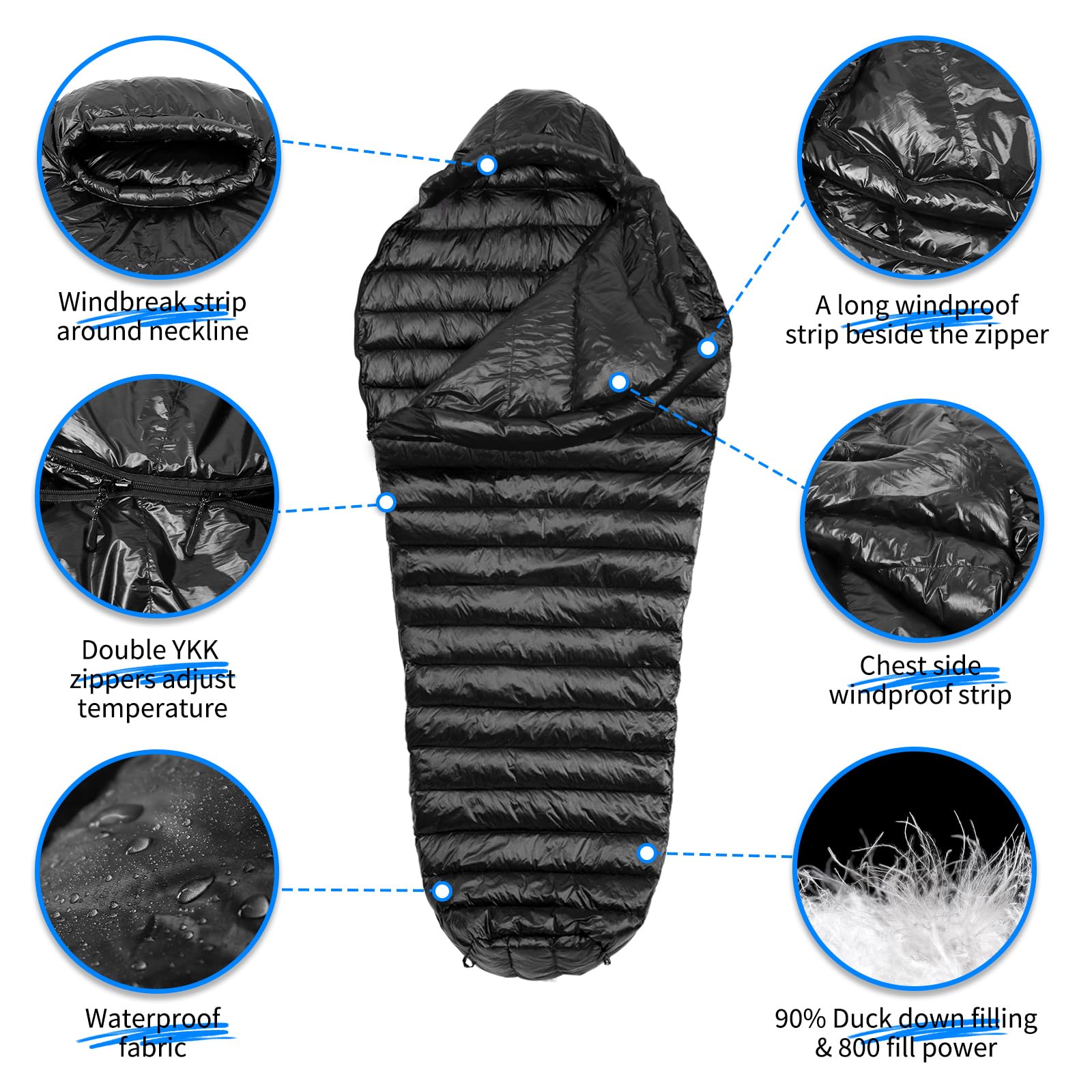 NewDoar Urltra-Light Camping Sleeping Bag 800FP White Goose Down Spring Summer Outdoor Autumn Mummy Sleeping Bag for Hiking Tent (Goose Down Black Blue)