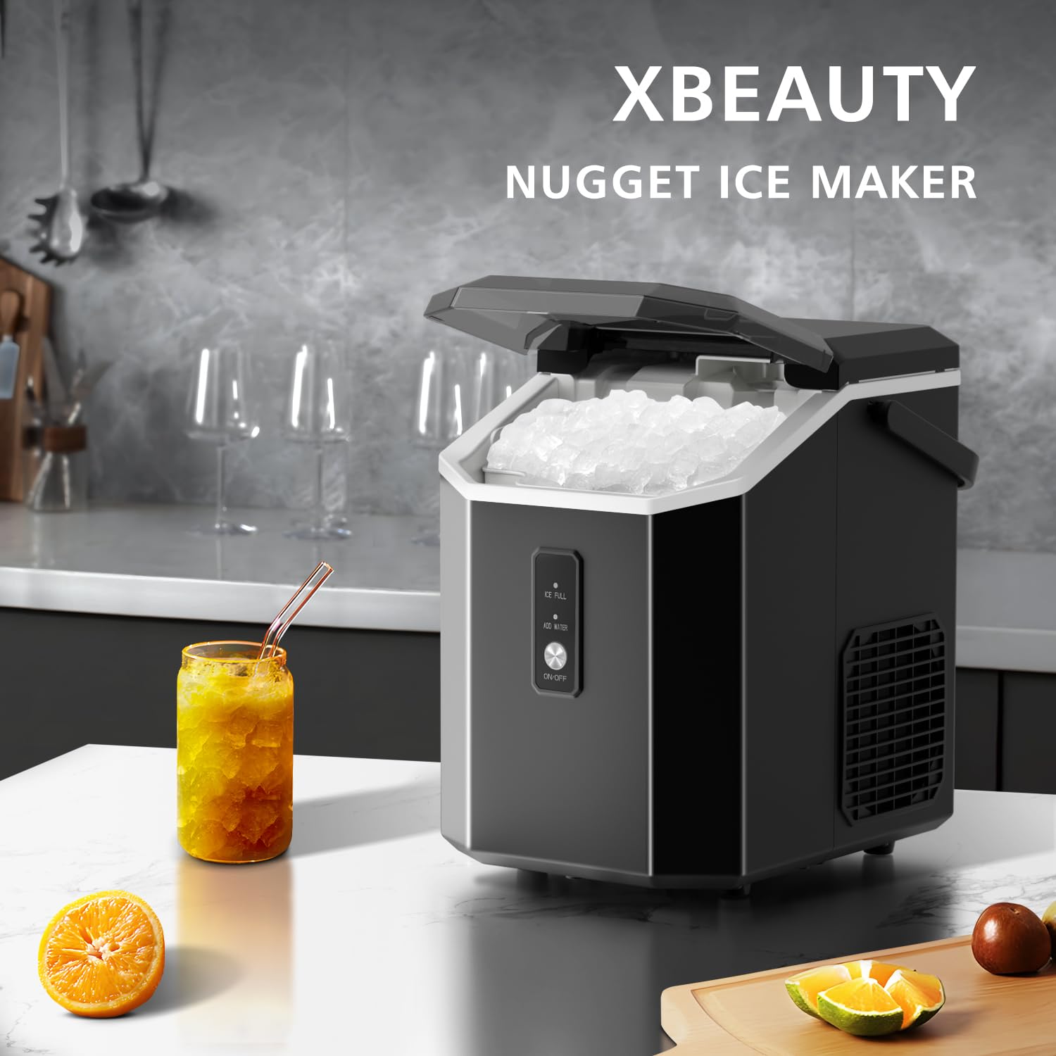 Xbeauty Nugget Ice Makers Countertop, Crushed Ice Maker with Handle 35Lbs/24H,Soft Chewable Ice, Pebble Ice Maker with Self-Cleaning, Ice Scoop& Basket,for Home,Office,Kitchen（Black）