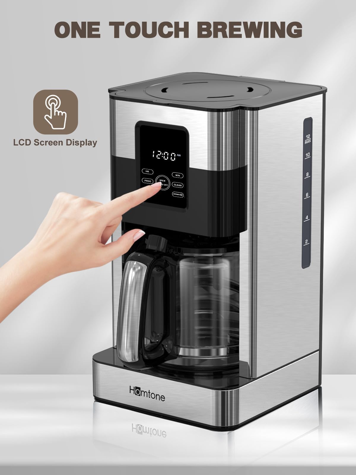 Homtone Coffee Maker 12 Cup Programmable, Anti-Drip Digital Coffee Machine, Brew Strength Control Coffee Maker for Hot Coffee, Stainless Steel, LCD Touch Screen, Permanent Filter, 1000W