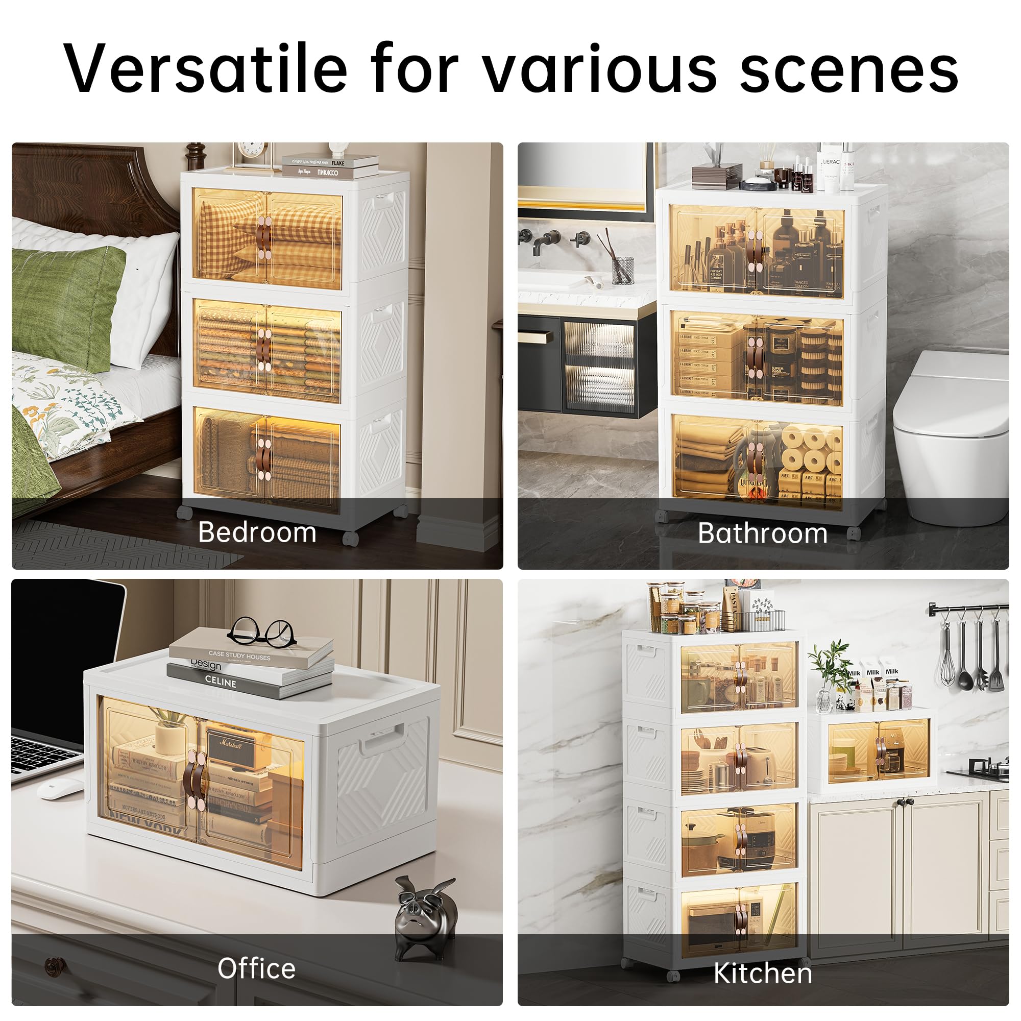 UFORU 20gal/80QT Stackable Plastic Storage Bins with Wheels, 4 Packs Folding Storage Organizer Open Front with Doors, Collapsible Closet with Lids for Home Office