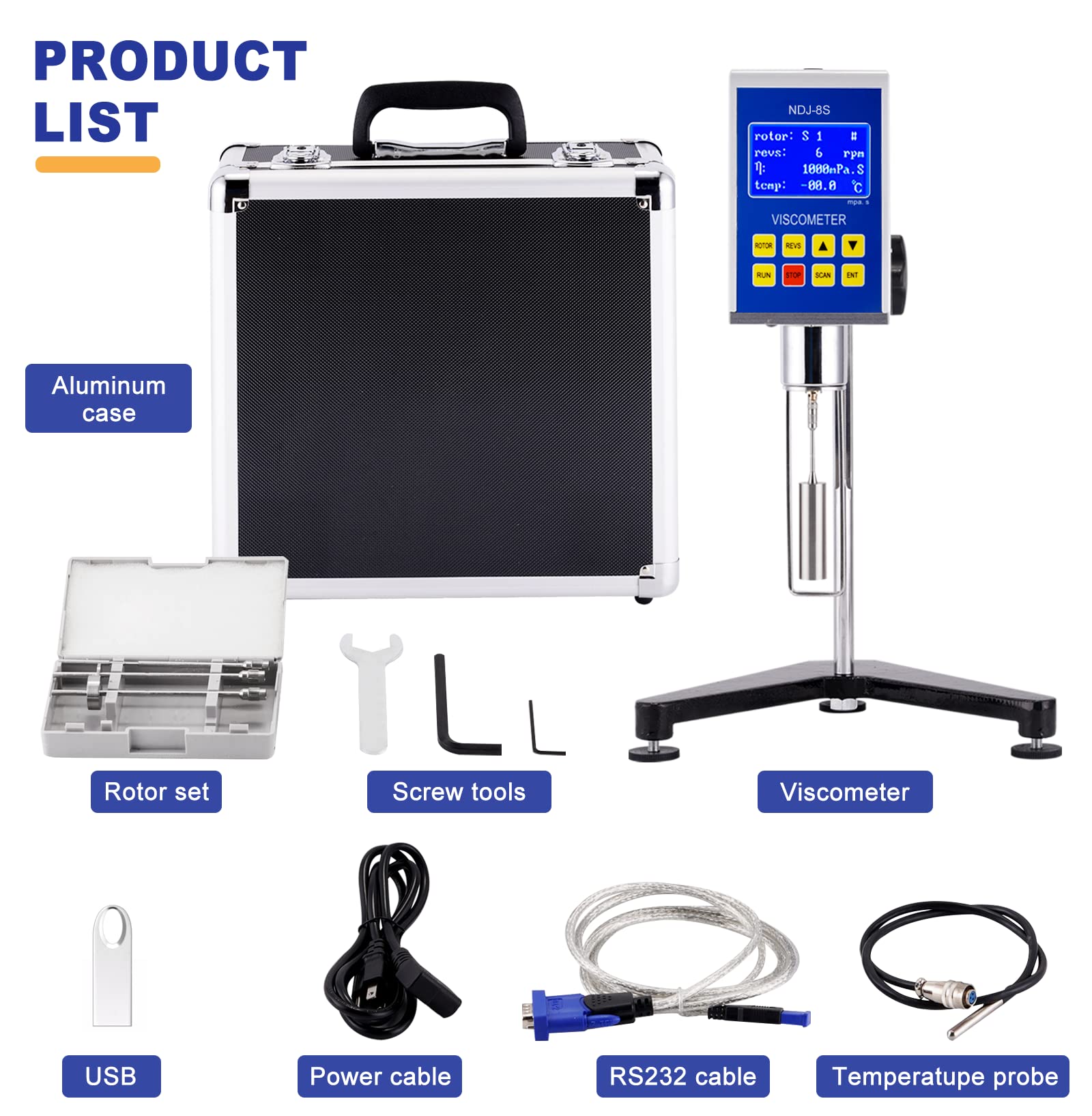 Saladulce Digital Rotary Viscometer, NDJ-8S Viscosity Meter Tester with Data Output,10-2,000,000 mPa.s Fluidmeter ±3% 100-240V