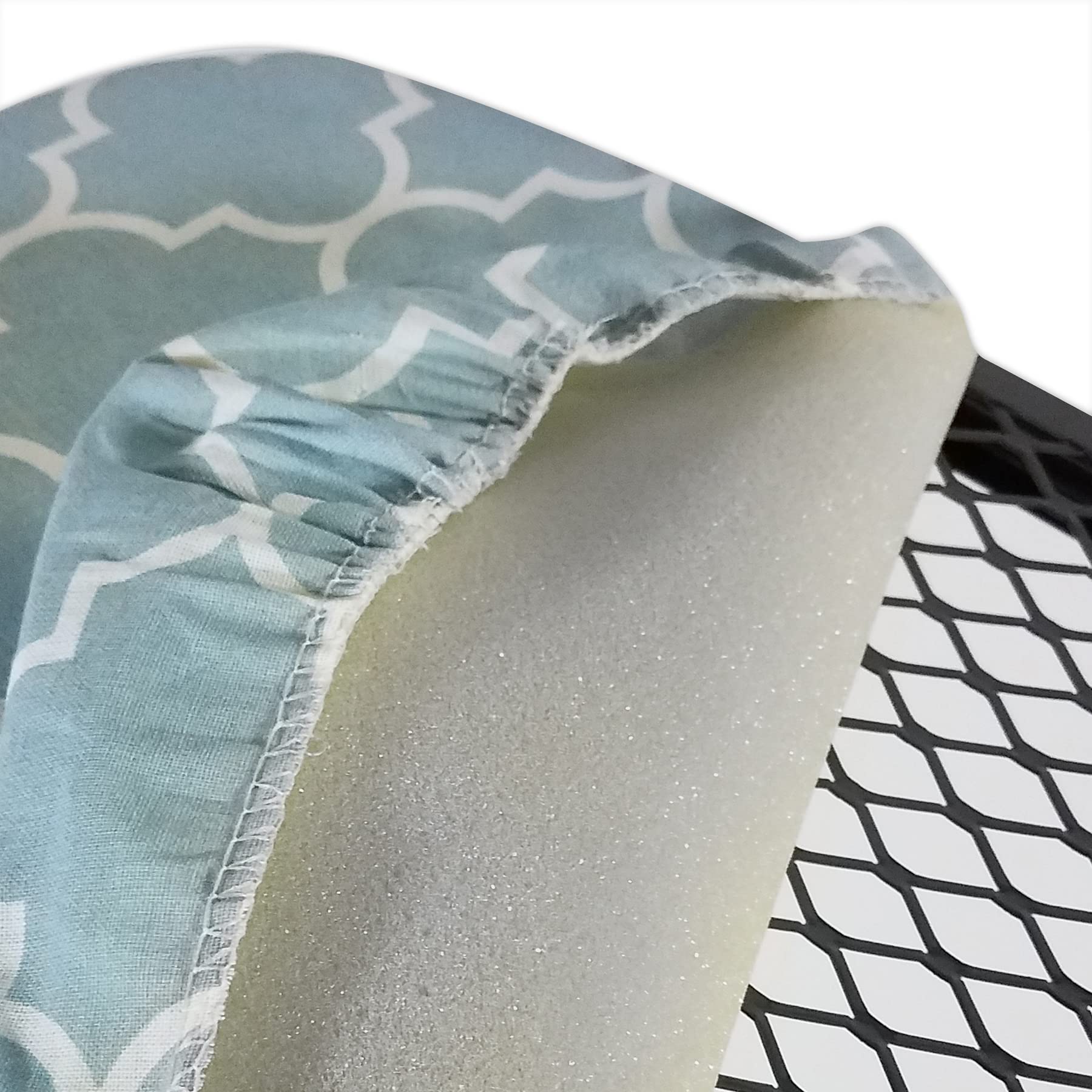 Homz 4 Leg Steel Top Standard Freestanding Folding Ironing Board with White Frame, Blue Lattice Cotton Cover, and Foam Padding