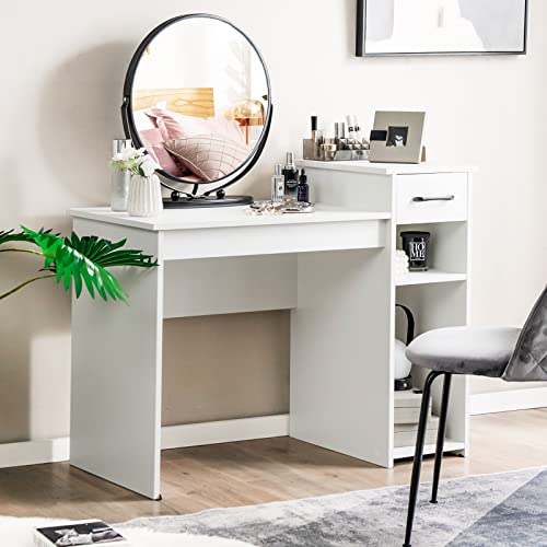 STAKOL White Desk with Drawers, Compact Study Writing Table, PC Laptop Workstation with CPU Stand & Shelves, Computer Desk for Small Space Home Office (White)
