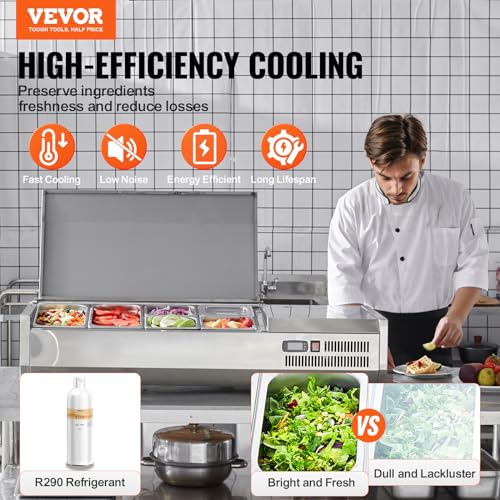 VEVOR, 135 W Countertop Refrigerated Condiment Station, with 2 1/3 4 1/6 Pans, 304 Body and PC Lid, Sandwich Prep Table Guard, ETL, Stainless 48in, Silver