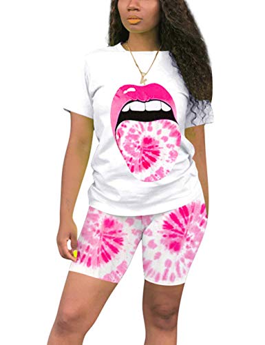 KANSOON 2 Piece Outfits for Women Summer Lips Print Short Sleeve T- Shirts and Shorts Tracksuit Set Lips-Pink S