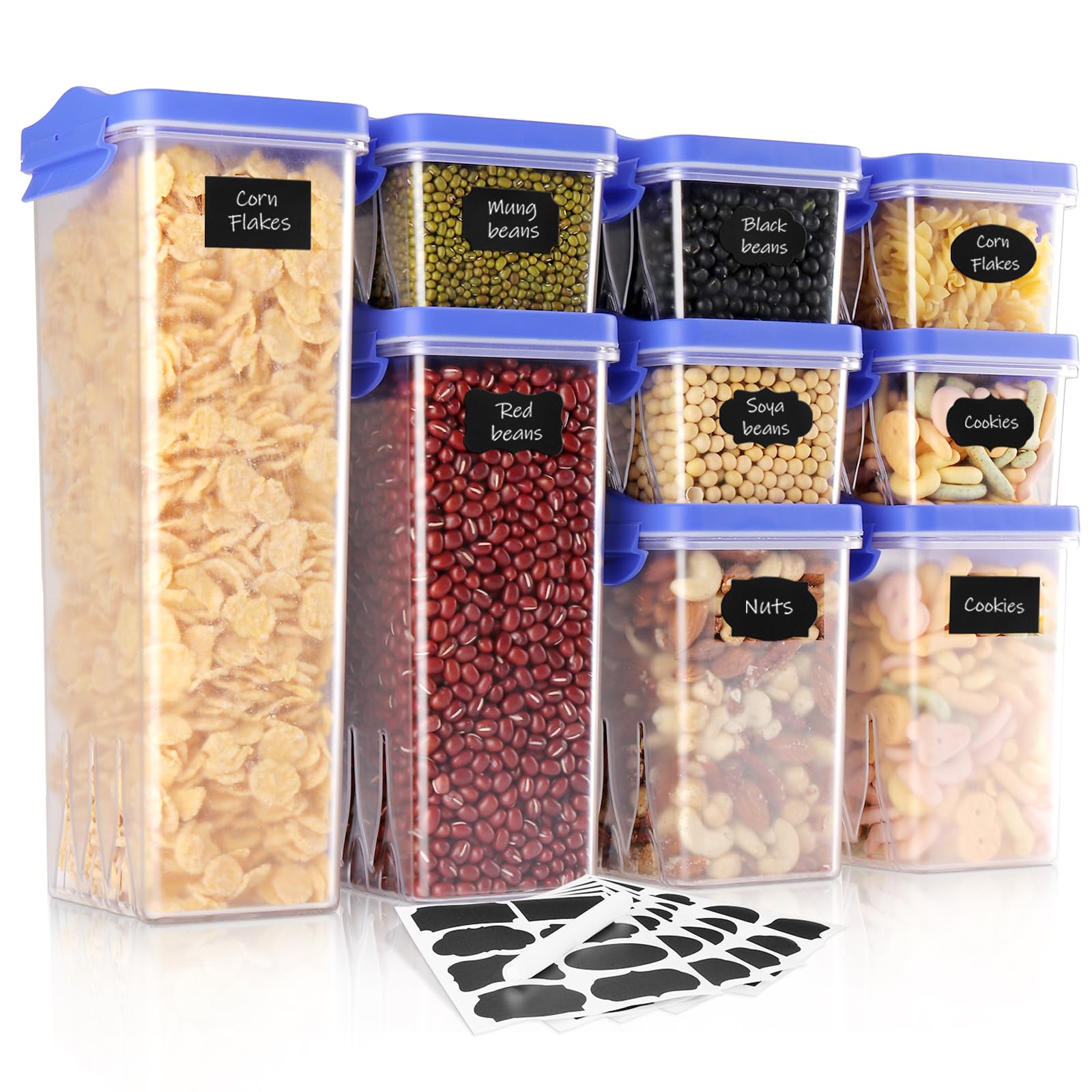 HOMER Airtight Food Storage Containers with Blue Lids - Plastic Airtight Storage Containers for Pantry - 9 PCS BPA Kitchen Organizers for Cereal,Pasta, Flour & Sugar - Labels & Marker
