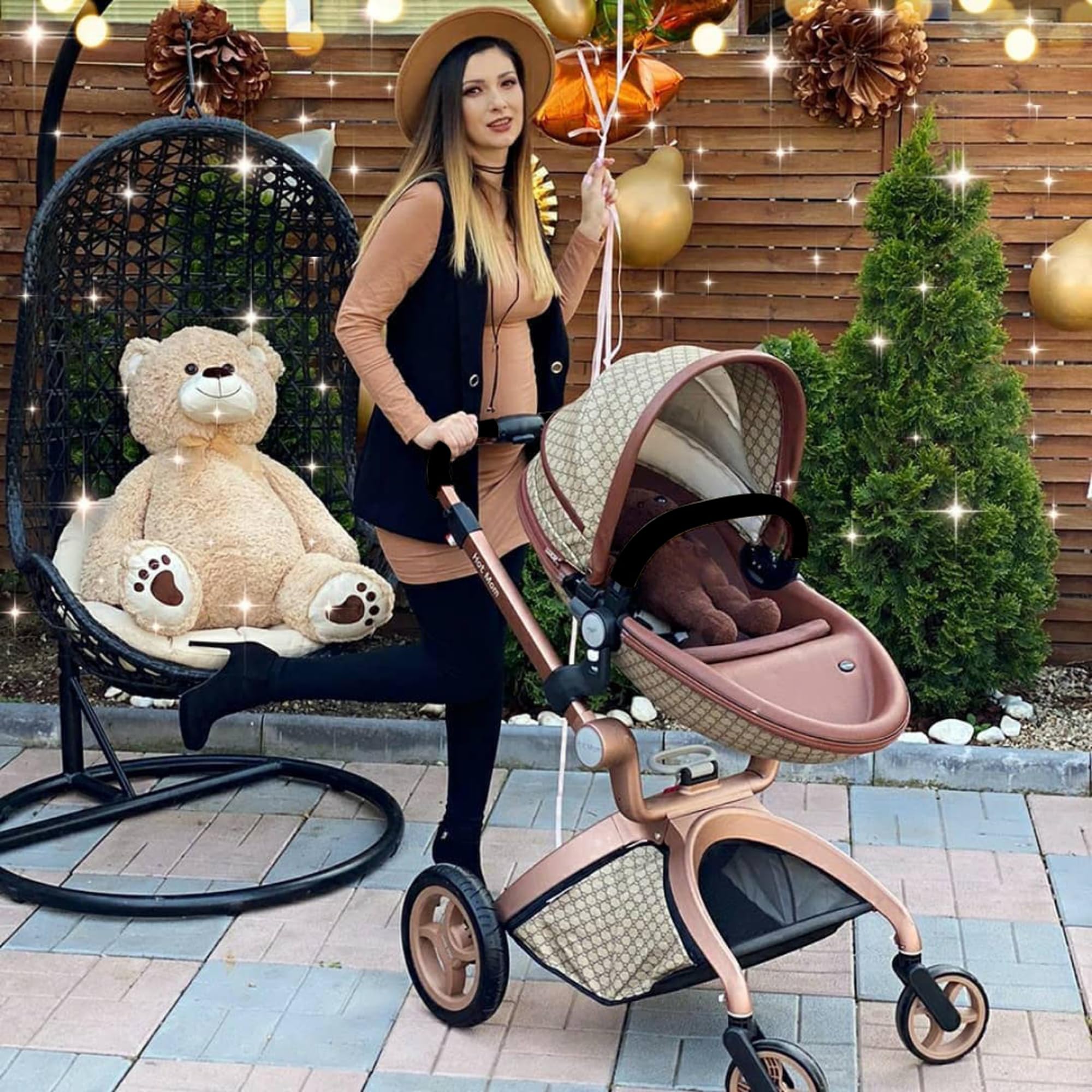 Hot Mom Baby Stroller: Baby Carriage with Adjustable Seat Height Angle and Four-Wheel Shock Absorption,Reversible,High Landscape and Fashional Pram (Grid)