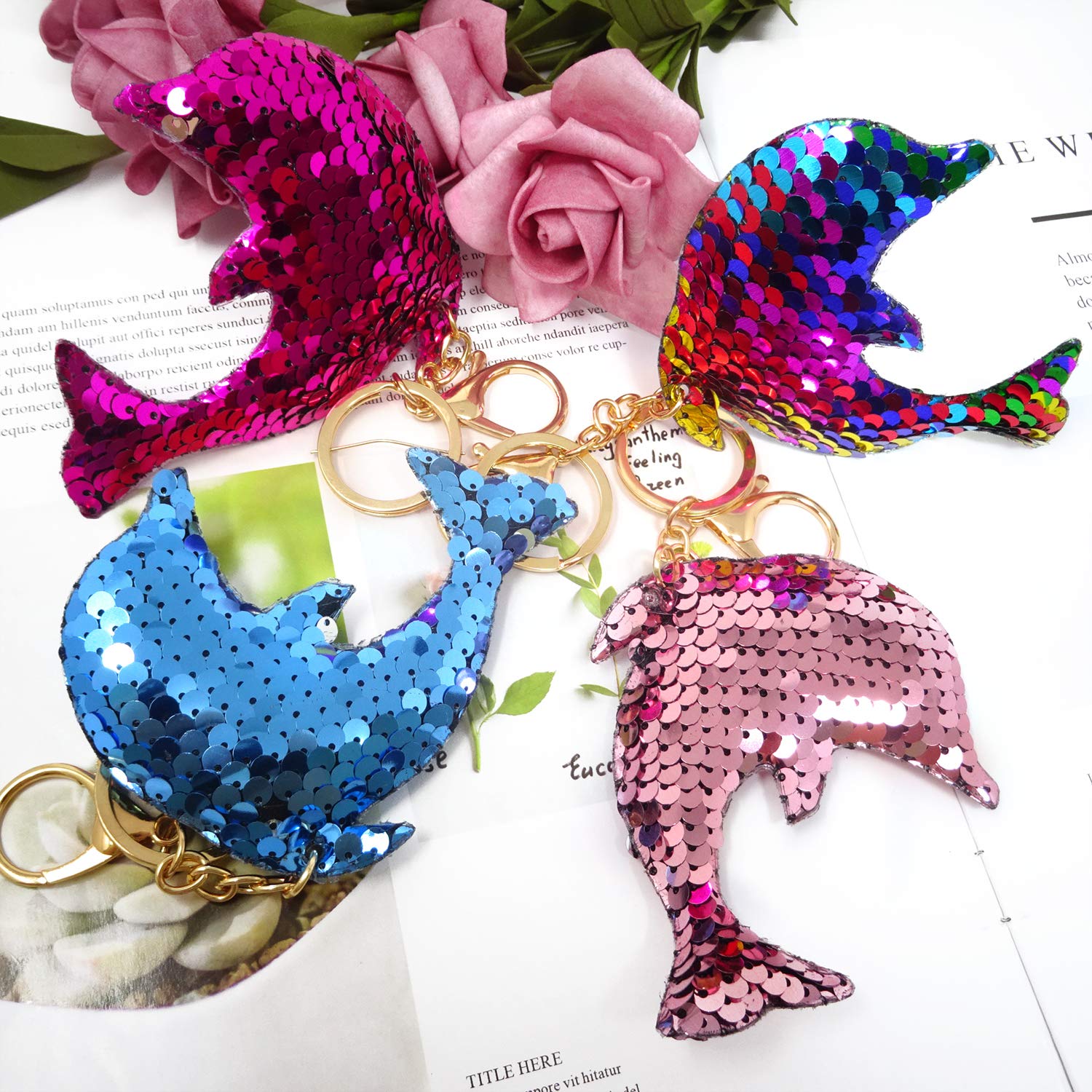 Honbay 4PCS Sparkly Sequins Keychains Ocean Theme Animal Dolphin Shaped Keychains Party Favors Car Keychain Handbag Hanging Ornament Backpack Keychain, for Birthday, Wedding, Christmas, etc