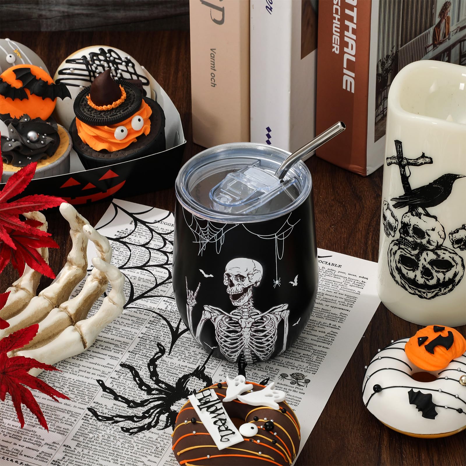 Whaline Halloween Stainless Steel Wine Tumbler with Straw and Lid Black White Skull Bat Coffee Mug Skeleton Insulated Wine Tumbler for Hot and Cold Drinks Gift