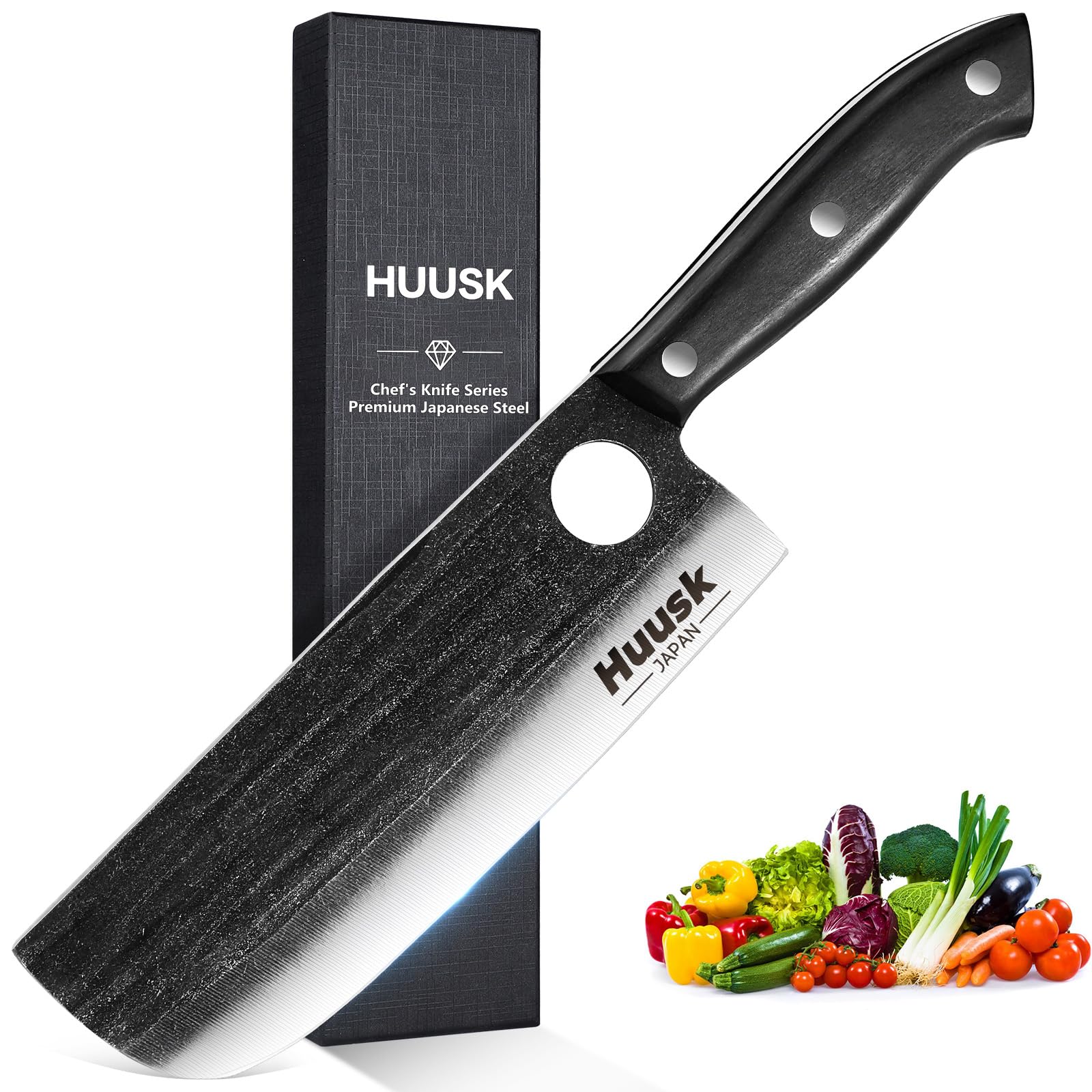 Huusk Knives from Japan, Nakiri Knife Vegetable Cleaver, Japanese Premium High Carbon Steel Hand Forged Sharp Asian Knife Multipurpose Chef Knife Medium-heavy Duty for Kitchen Christmas Gifts for Dad