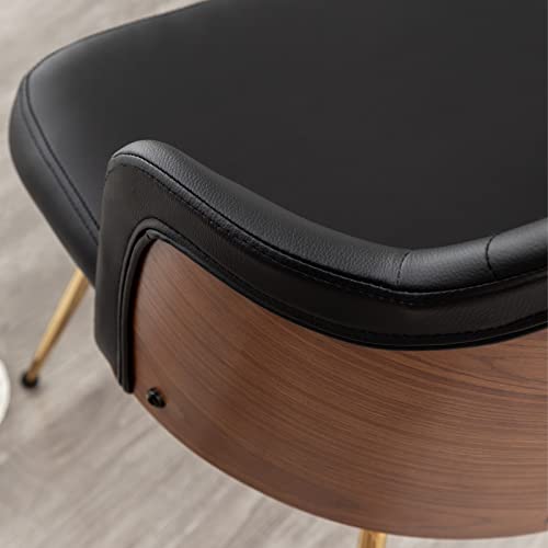 WUPOTO Dining Chairs Set of 2, Modern Upholstered Kitchen & Dining Room Chairs with Golden Metal Legs, Faux Leather Upholstery, Curved Back (Black1)