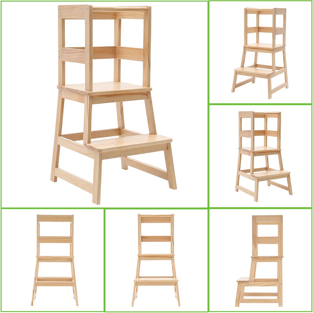 KATARUS Kitchen Step Stool for Kids and Toddlers with Safety Rail Children Standing Tower for Kitchen Counter, Step Up Learning Stool Monthers' Helper, Solid Hardwood Construction, Natural Finish