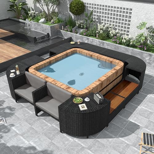 WOODRK Quadrilateral Outdoor Rattan Sectional Sofa Set with Mini Couch, Patio Conversation Sets with Wooden Seats and Storage Spaces, Spa Surround Frame for Gardern, Poolside, Gray