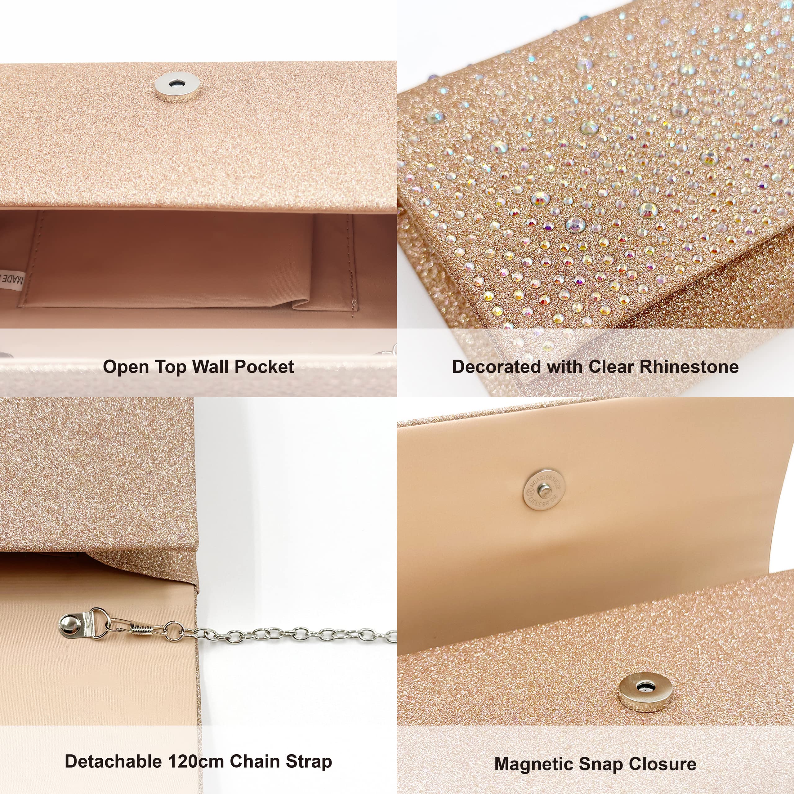 OOTD LAND Womens Evening Bag Glitter Clutch Purse for Wedding Party with Rhinestone (Champagne)