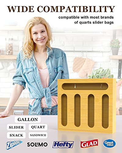 VenDotbi Bag Storage Organizer, Bamboo baggie organizer with Slider, Suitable for Kitchens and Countertop to Storage Gallon, Quart, Sandwich & Snack Bags and other Size Bag Organizer-Natural