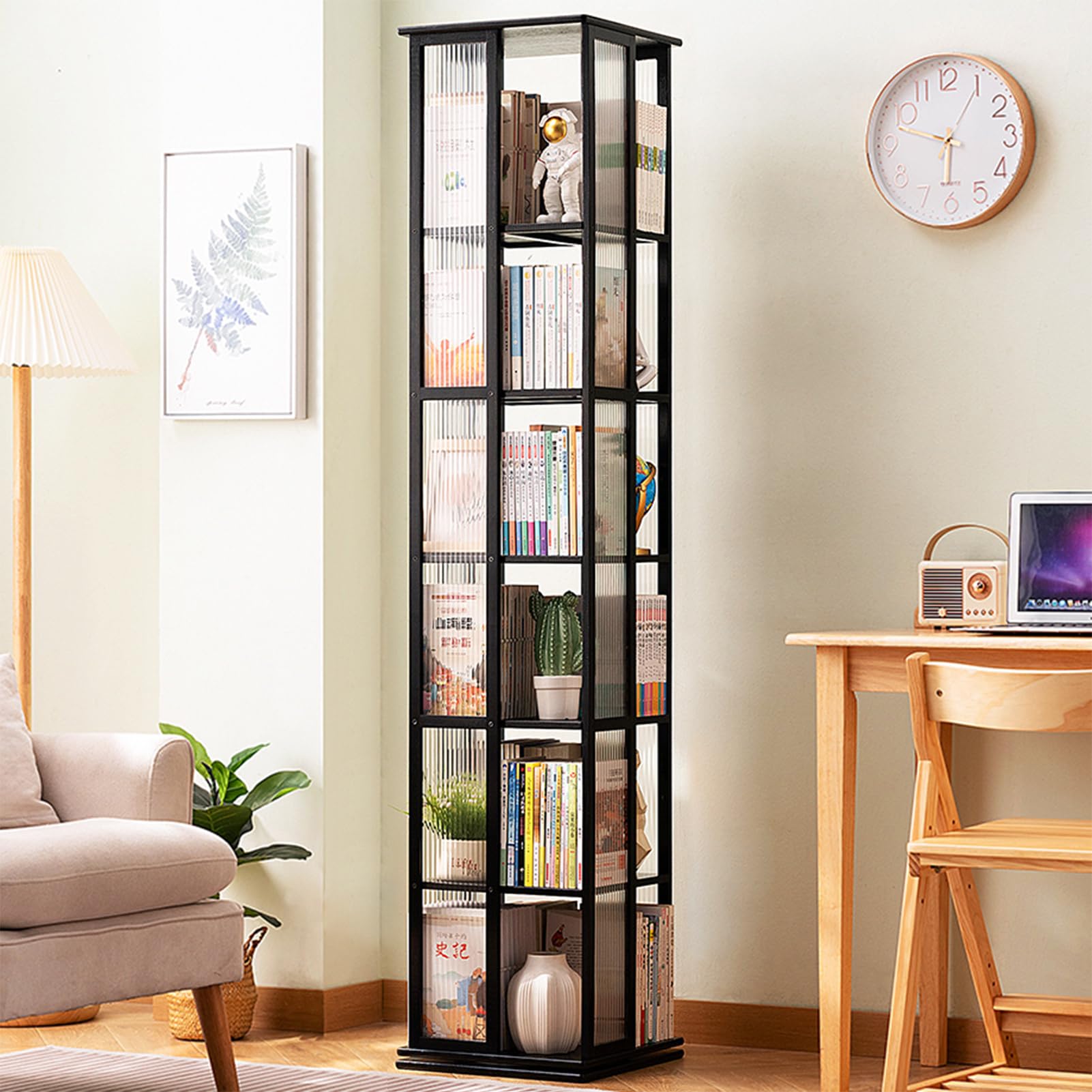 wrdela Rotating Bookshelf, 360 Display Corner Bookshelf for Small Space, 6 Tier Floor Standing Bookcase Storage Rack, Bamboo Narrow Organizer for Kidâs Playroom, Bedroom and Living Room (Black)