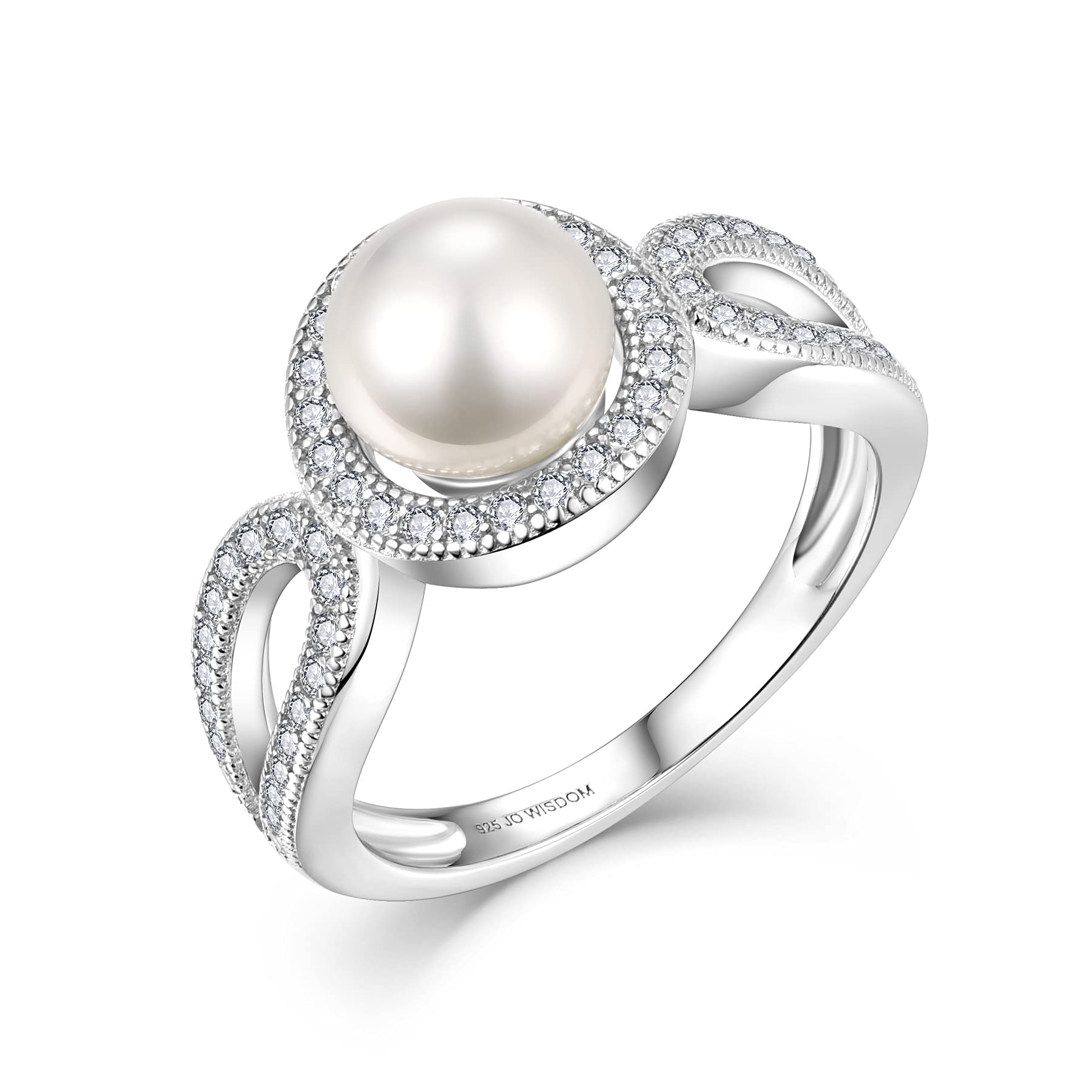 JO WISDOM Women Pearl Ring,925 Sterling Silver Cubic Zirconia Infinity Pearl Ring with 7.5mm White Freshwater Cultured Pearl Ring size 10
