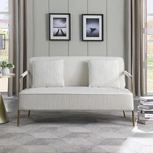 Taiweny Velvet Loveseat Small Sofa Couch, Modern Pleated Upholstered 2 Seater Love Seat Settee with Two Throw Pillows for Living Room Bedroom Apartment, 56β (Beige)