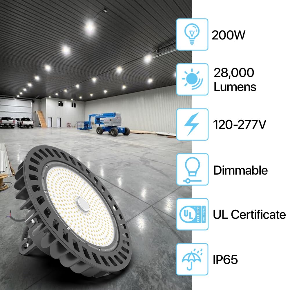 HYPERLITE LED High Bay Light | 28000LM( 200W ) Dimmable High Bay LED Lighting | UL Listed | 5000K Commercial Lights | US Hook Included | Alternative to 850W MH/HPS