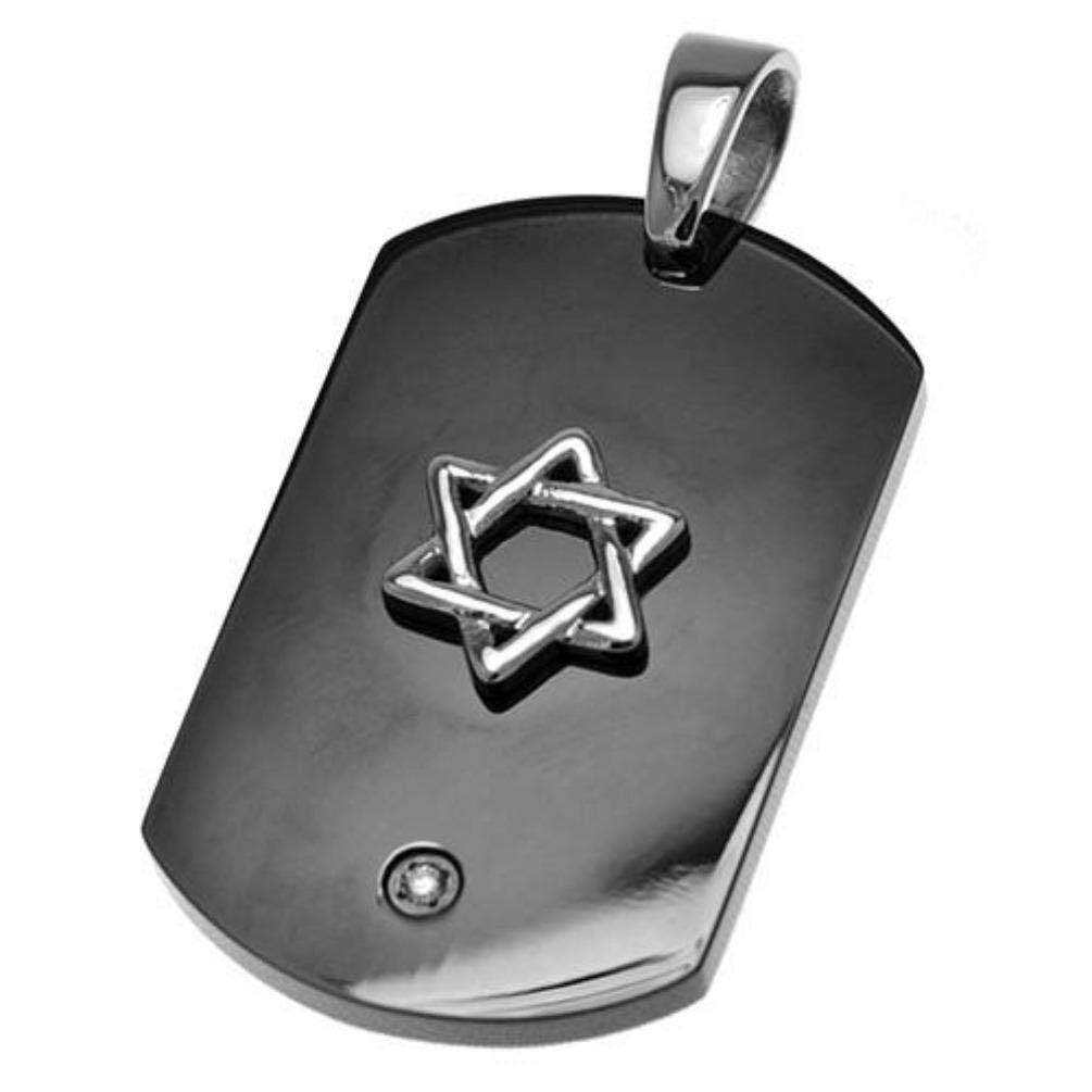 LND Jewish Judaica Black PVD Dog Tag with Star of David and CZ Pendant