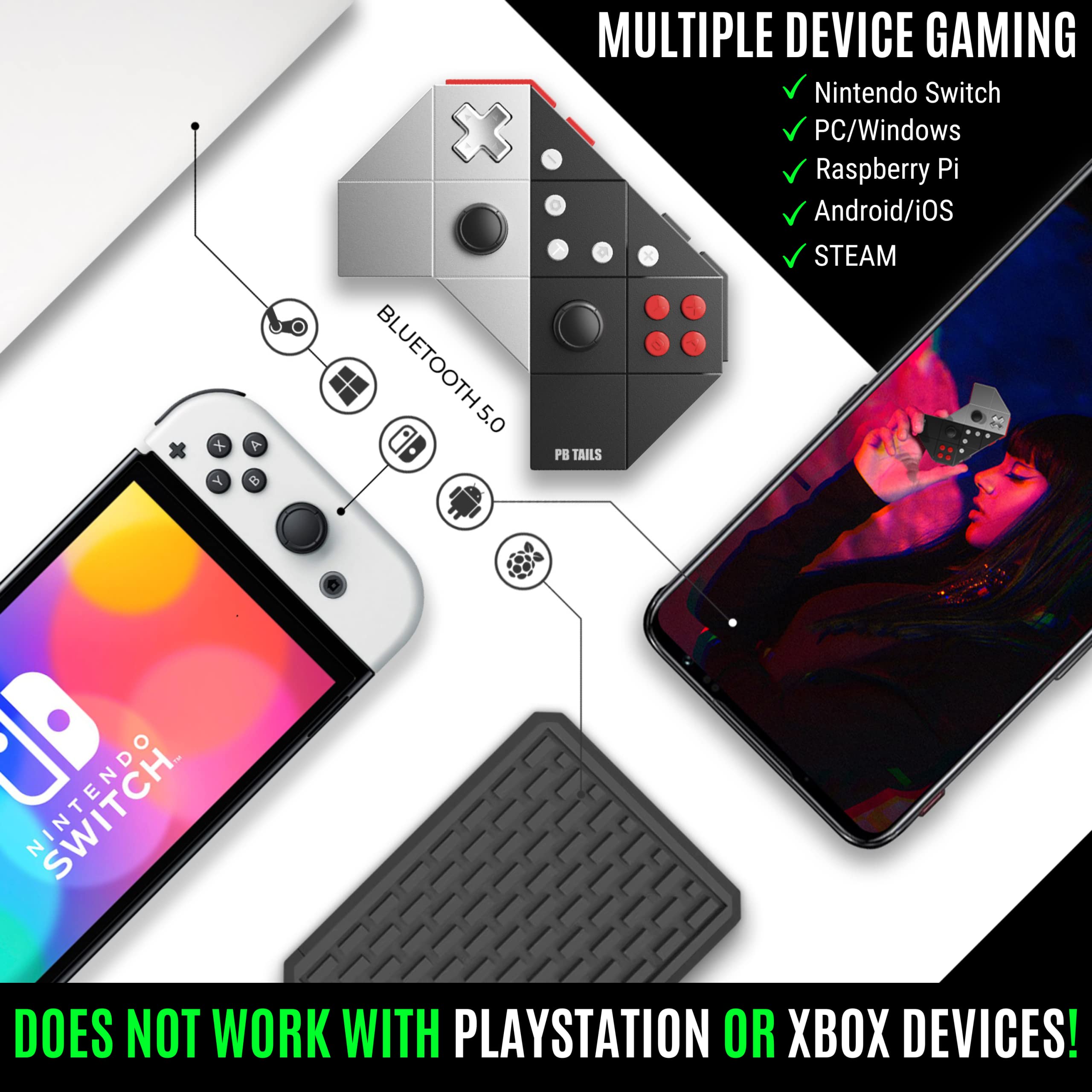PB TAILS CHOC Portable Android Gaming Controller | Wireless Bluetooth Game Controller for Nintendo Switch, PC, STEAM | Retro Controller Gift Idea | Turbo-Mode, Motion Control, Vibration | Black/Silver