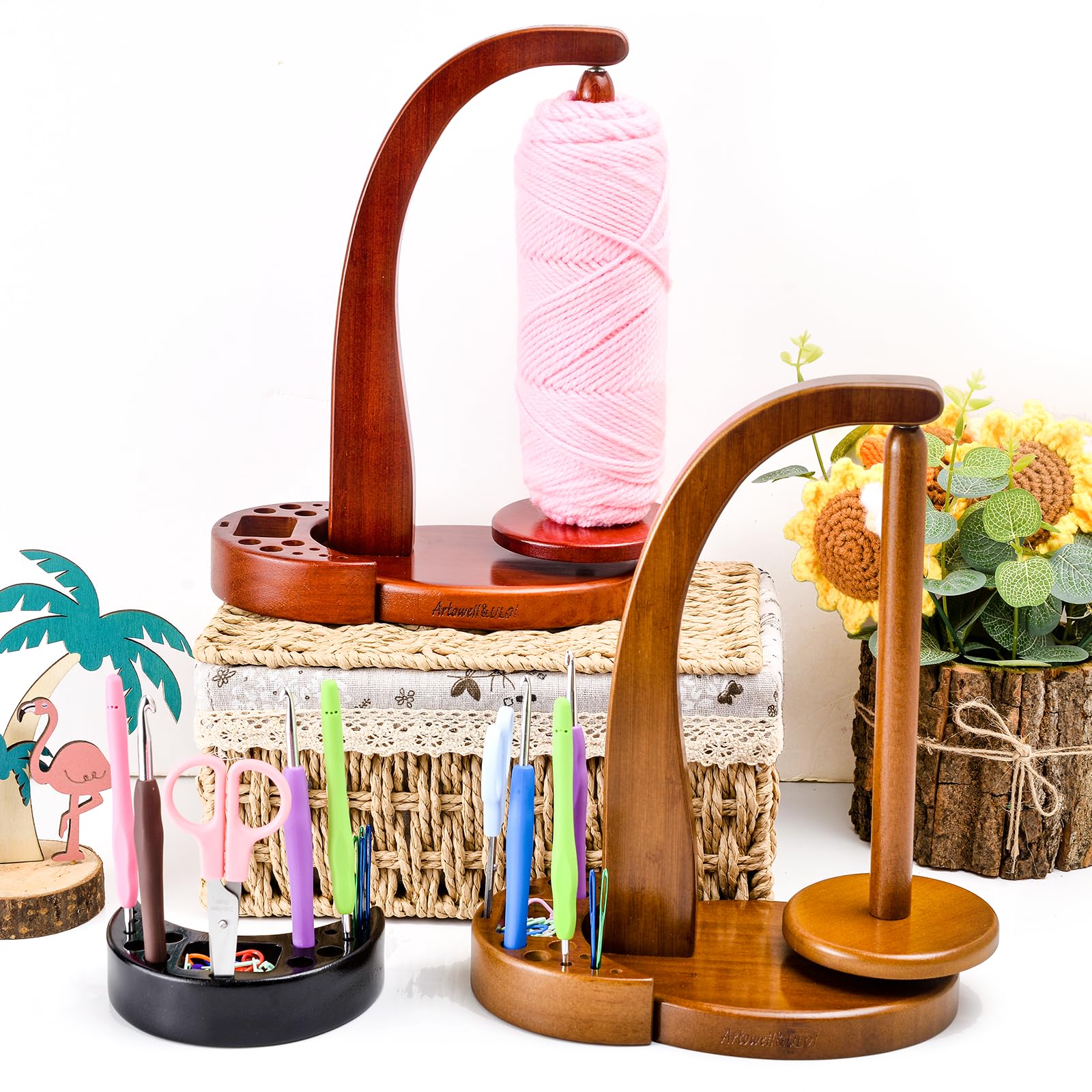 ULOI Crochet Yarn Holder - Upgrade with Crochet Accessories Storage Attachment, Magnetic Wooden Yarn Storage for Knitting Accessories, Perfect for Crocheting and Knitting Projects, Mahogany Finish