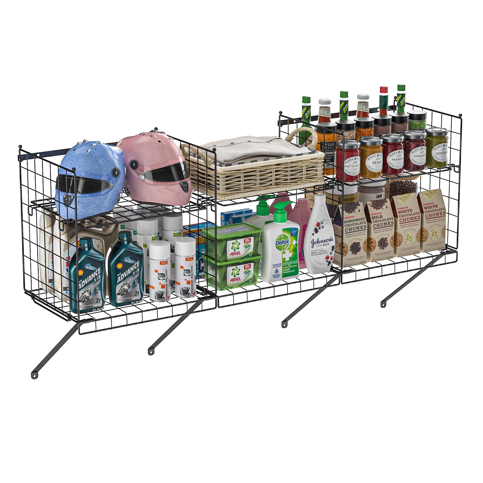 X-cosrack 3 Pack Wire Shelves Wall Mounted with with Height-Adjustable Shelf, 2 Tier Closet Wall Shelves with Wire Storage Baskets for Closet Garage Laundry Room Organization and Storage
