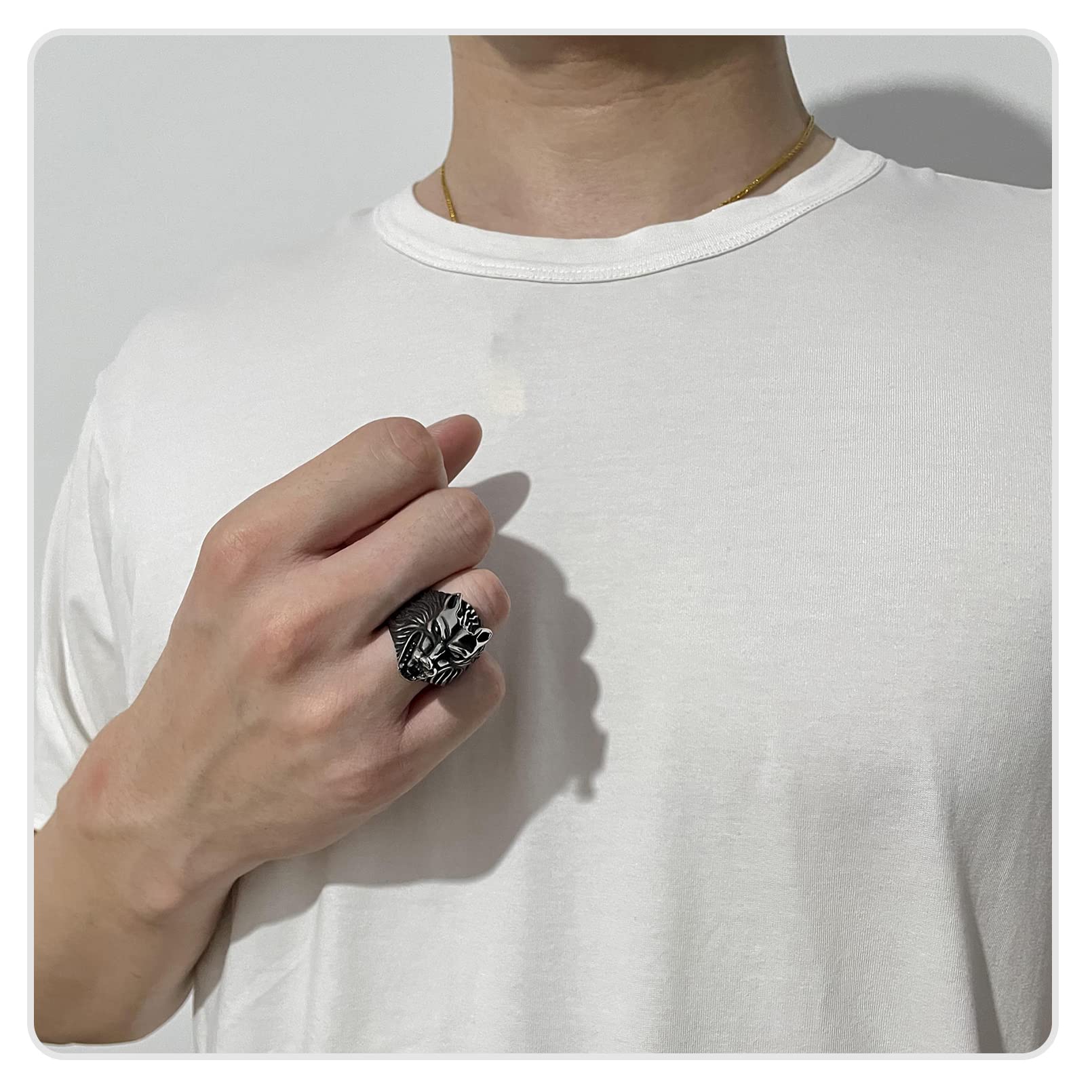 Nsitbbuery Hip Hop Jewelry Biker Ring Stainless Steel Wolf Head Band Ring(Steel(11))