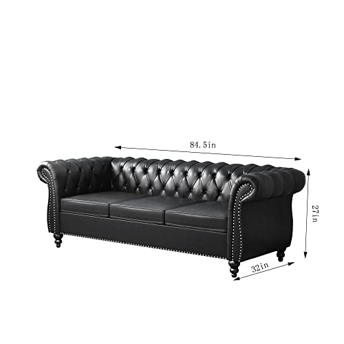wirrytor Chesterfield Classic Sofa, Modern Leather 3 Seater Sofa, Upholstered Tufted Back Settee Couch with Rolled Arms Nailhead Trim for Living Room Bedroom(Black)