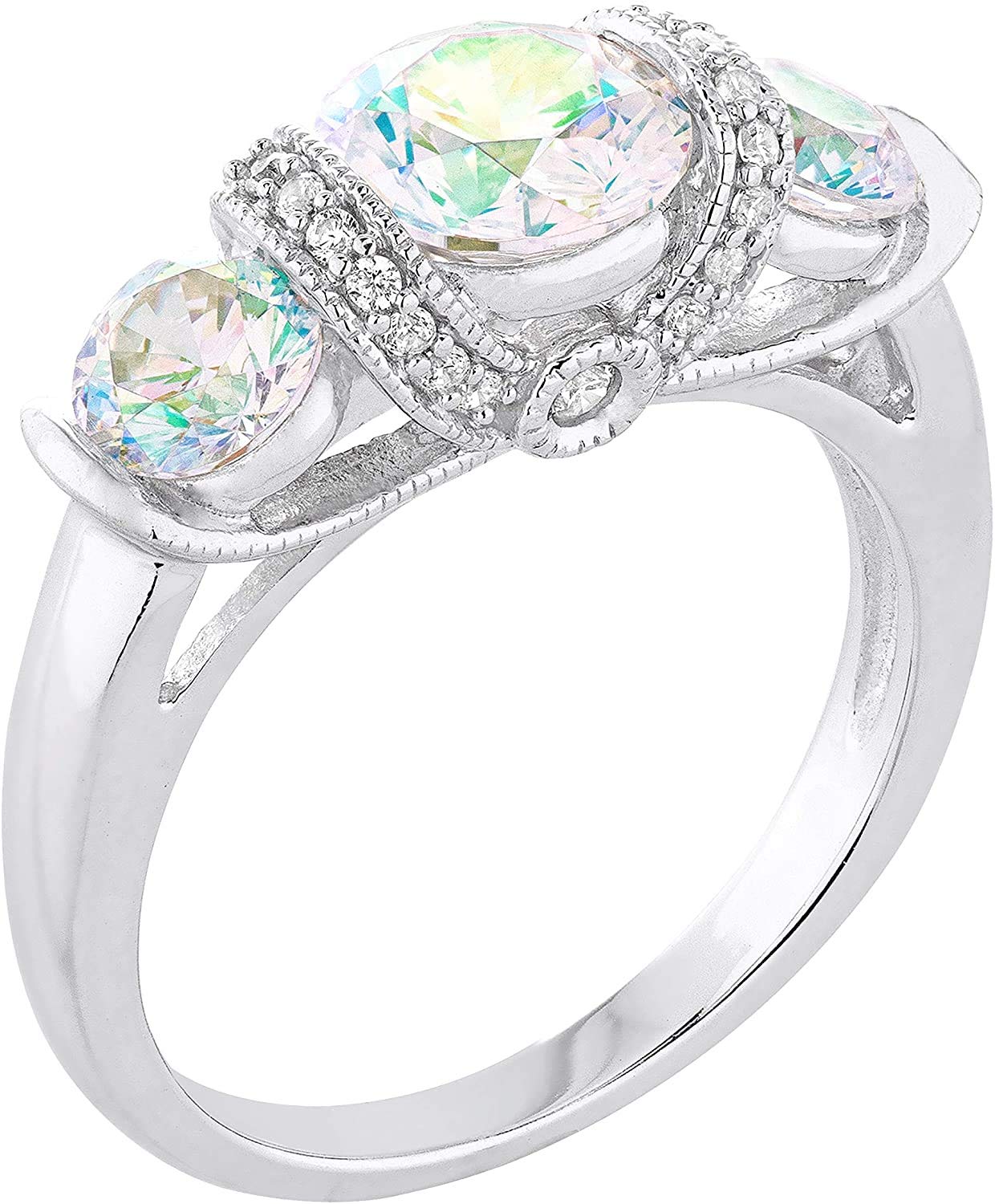 Lexi and Rose .925 Sterling Silver Round Brilliant Cut Aurora Borealis Cubic Zirconia Three Stone Engagment Ring - Size 7